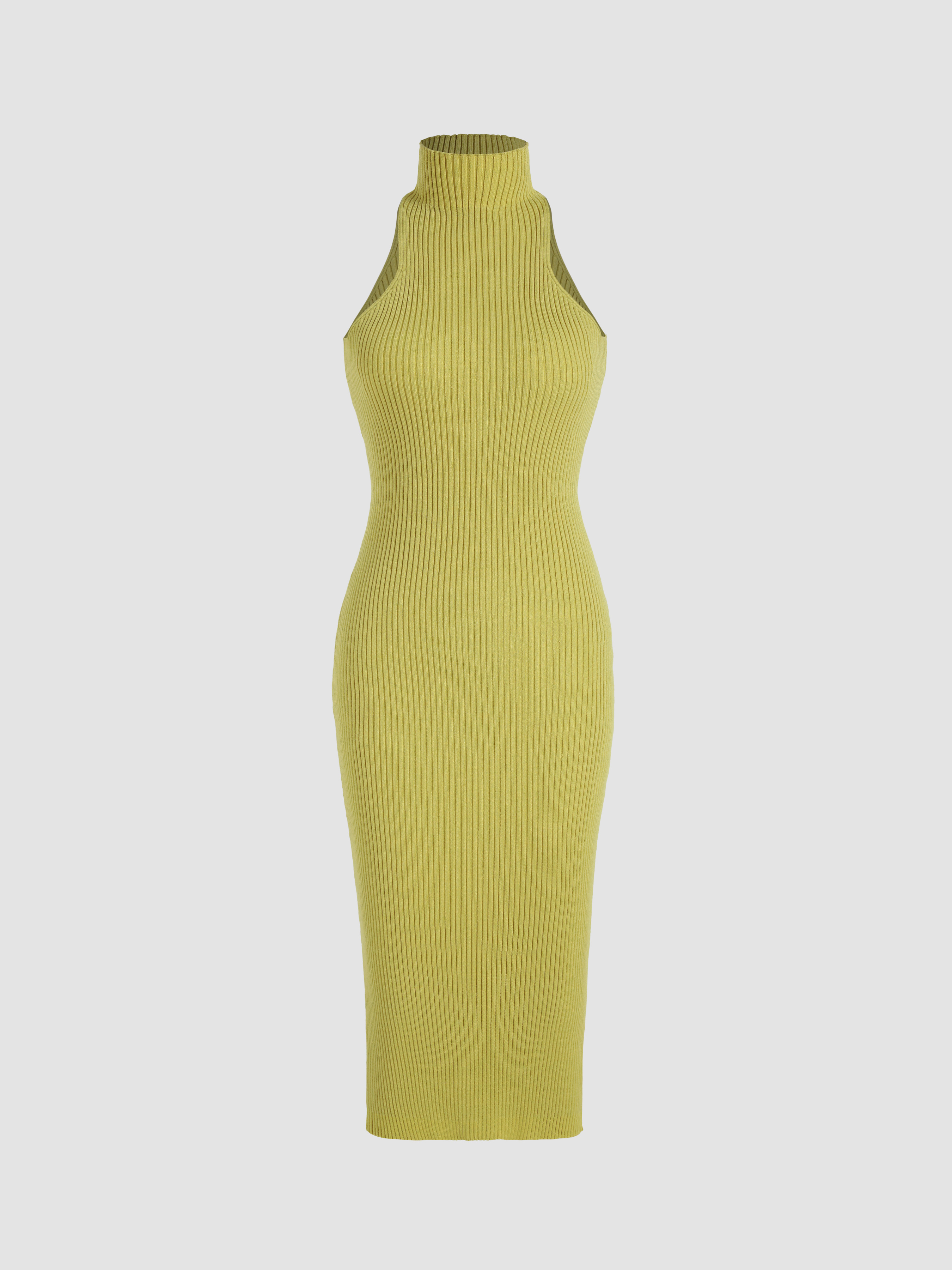 Solid High Neck Sleeveless Knitted Bodycon Midi Dress For Daily Casual Date