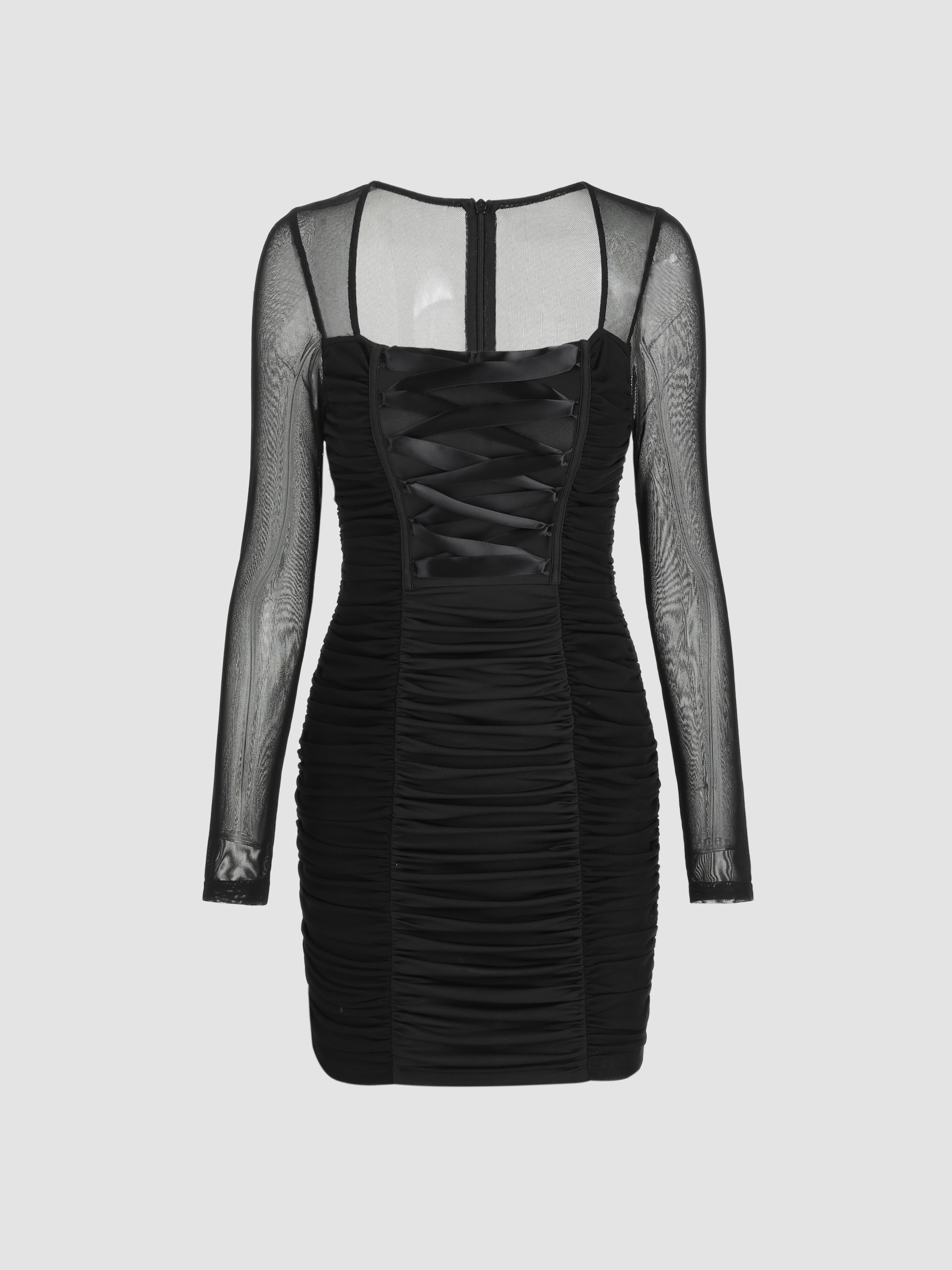 Knit Fabric Solid Sheer Lace Up Ruched Mini Dress For Date