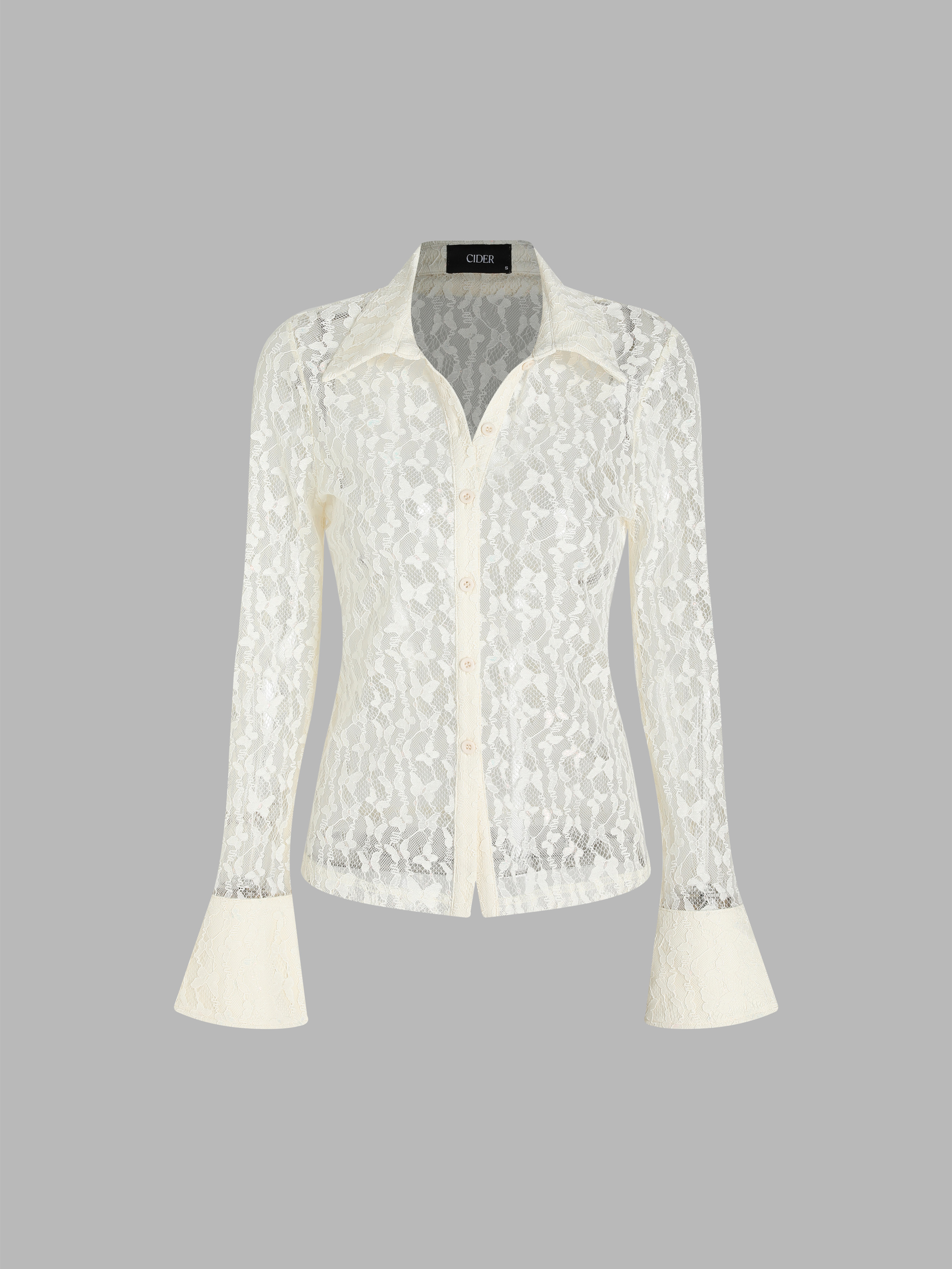Mesh Solid Mesh Butterfly Long Sleeve Blouse For Vacation