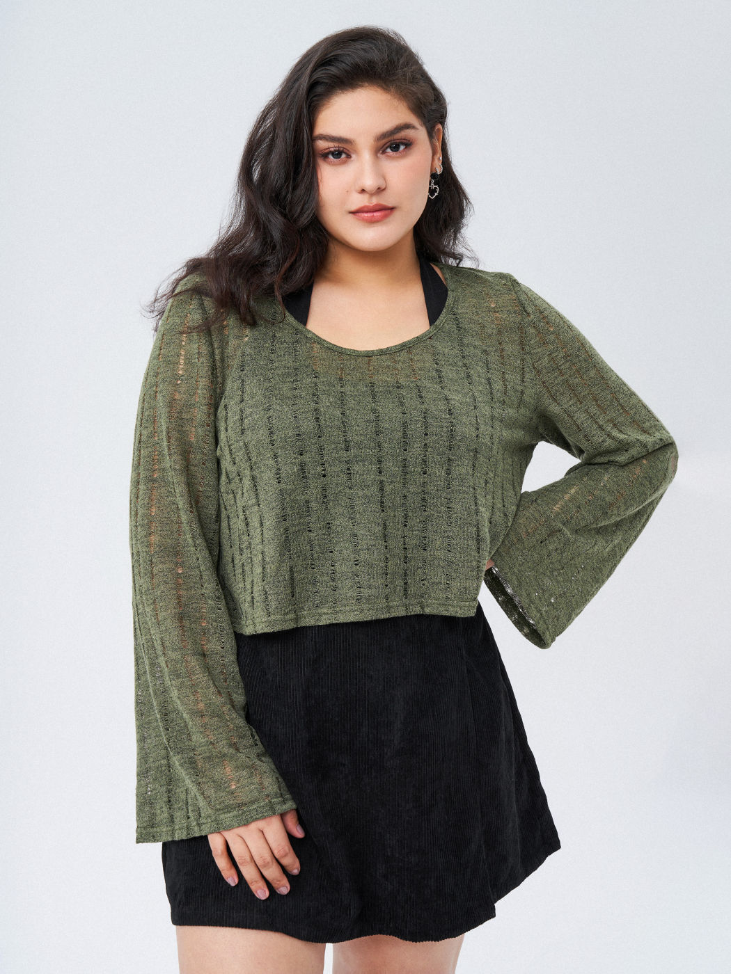 Knit Fabric Distressed Bell Sleeve Crop Top & Halter Top Curve & Plus ...