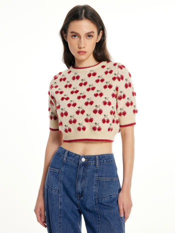Knit Fabric Contrasting Binding Cherry Pattern Knitted Crop Top For ...