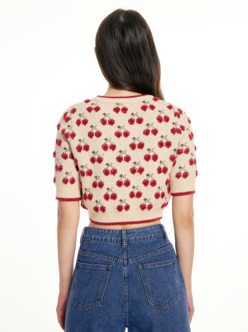 Knit Fabric Contrasting Binding Cherry Pattern Knitted Crop Top For ...