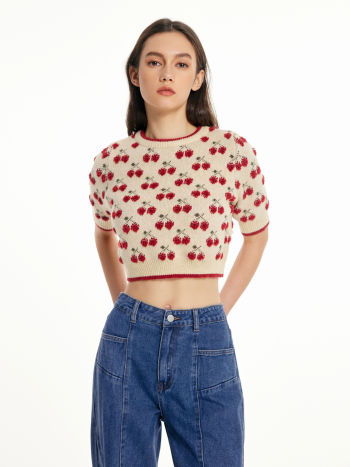 Knit Fabric Contrasting Binding Cherry Pattern Knitted Crop Top For ...
