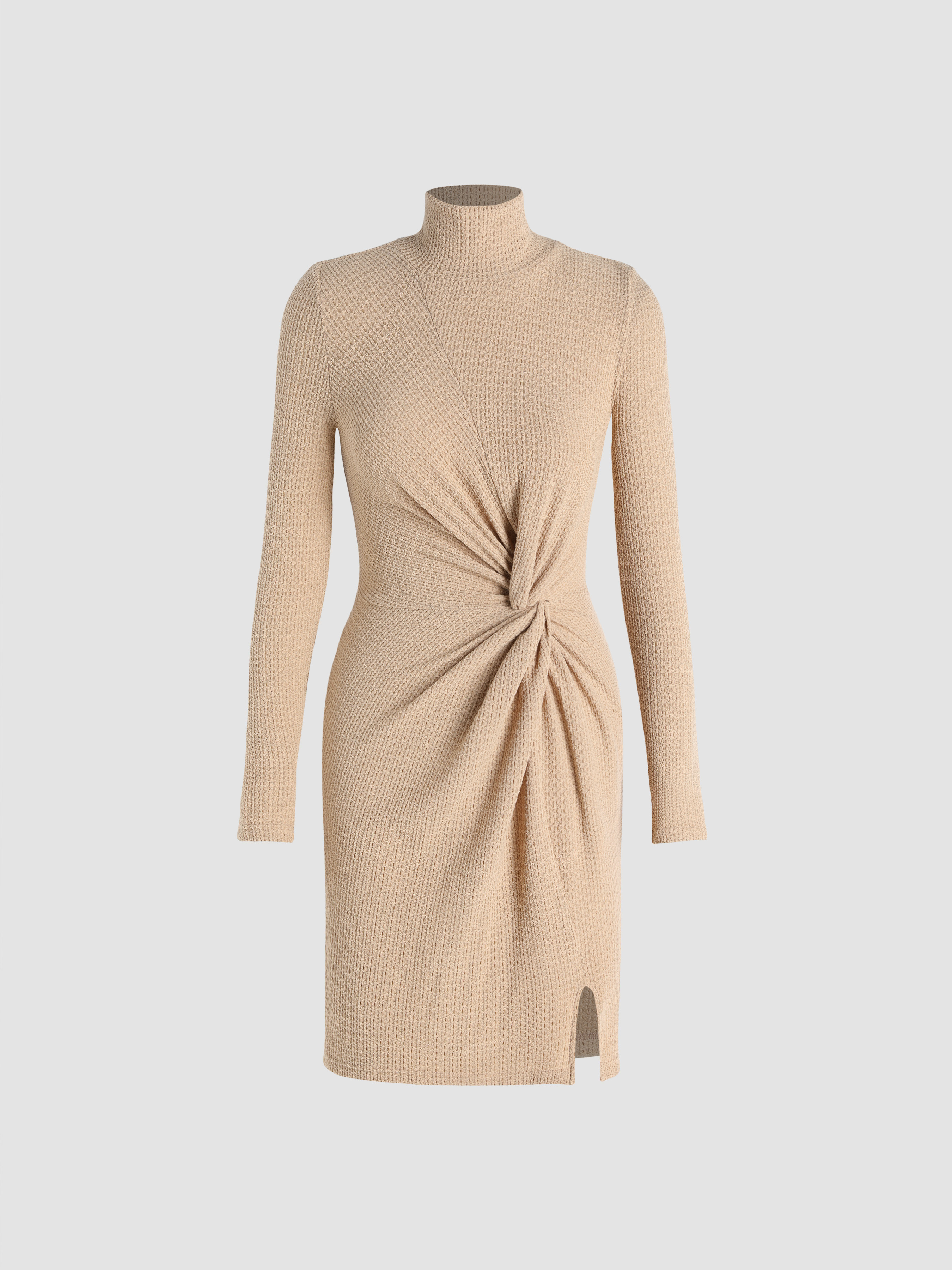 Rib High Neck Twist Slit Short Dress For Daily Casual