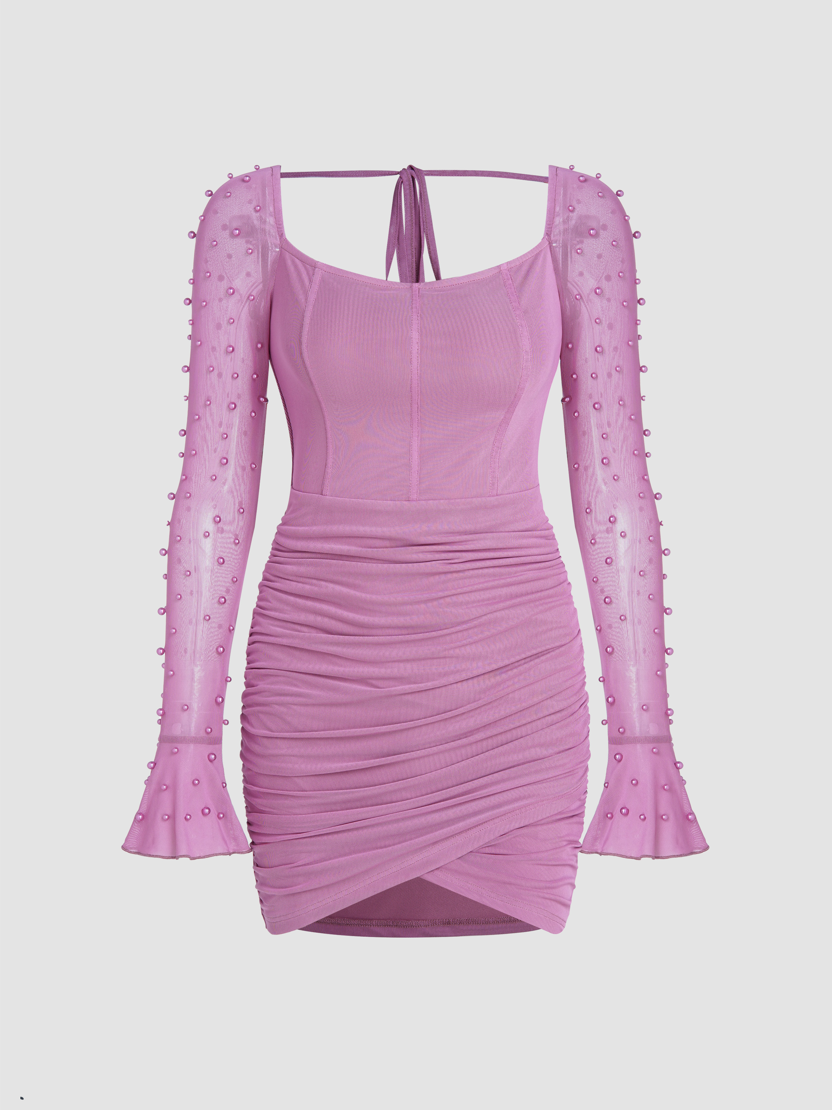 Mesh Tie Back Beaded Mini Dress For Party/Clubbing