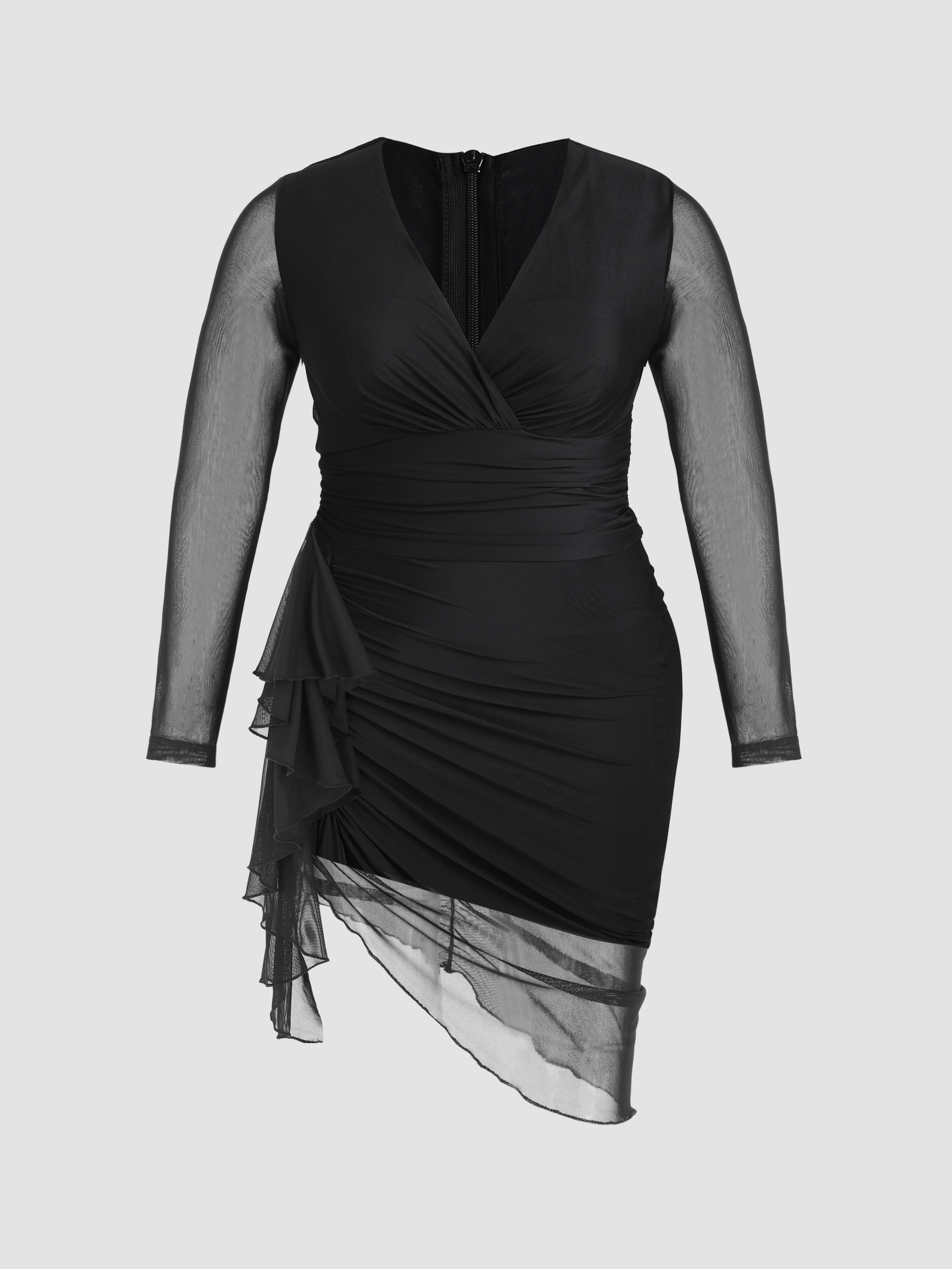 Solid Mesh V-neck Split Short Dress Curve & Plus - Cider