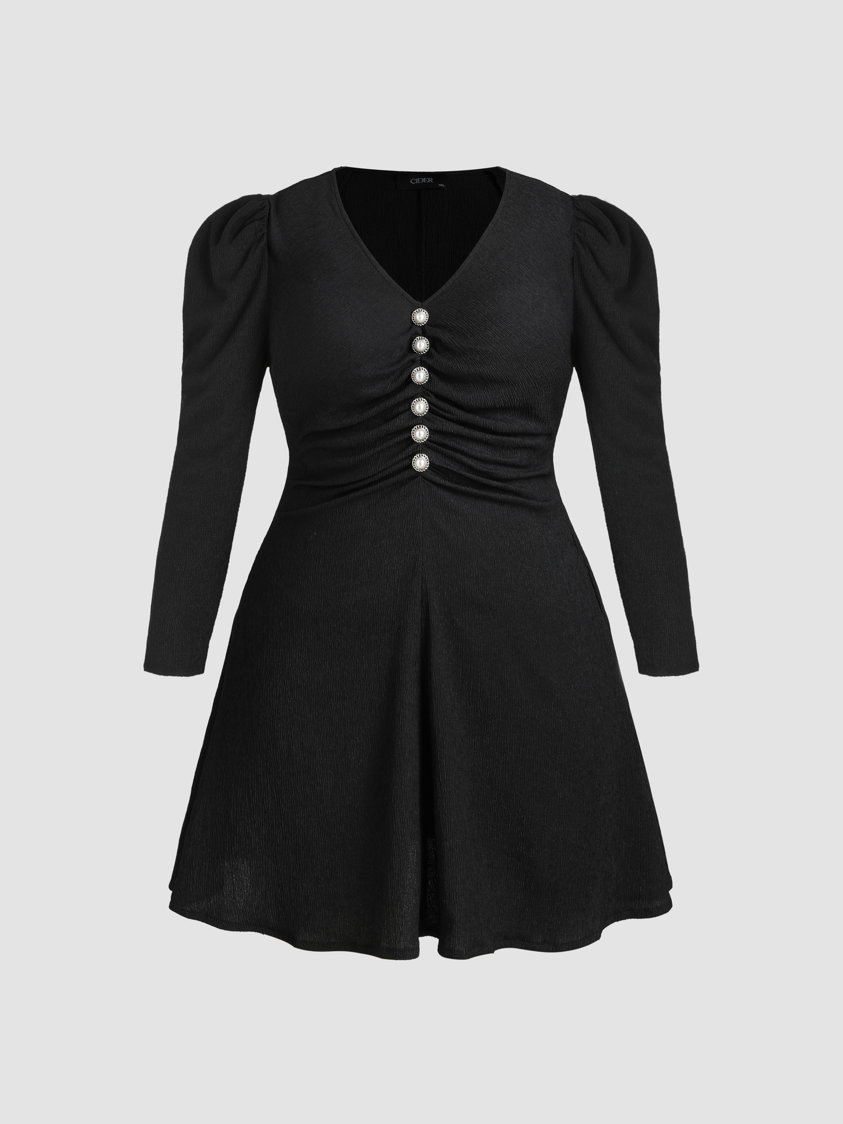 Curve & Plus Solid V-neck Faux Pearl Mini Dress - Cider