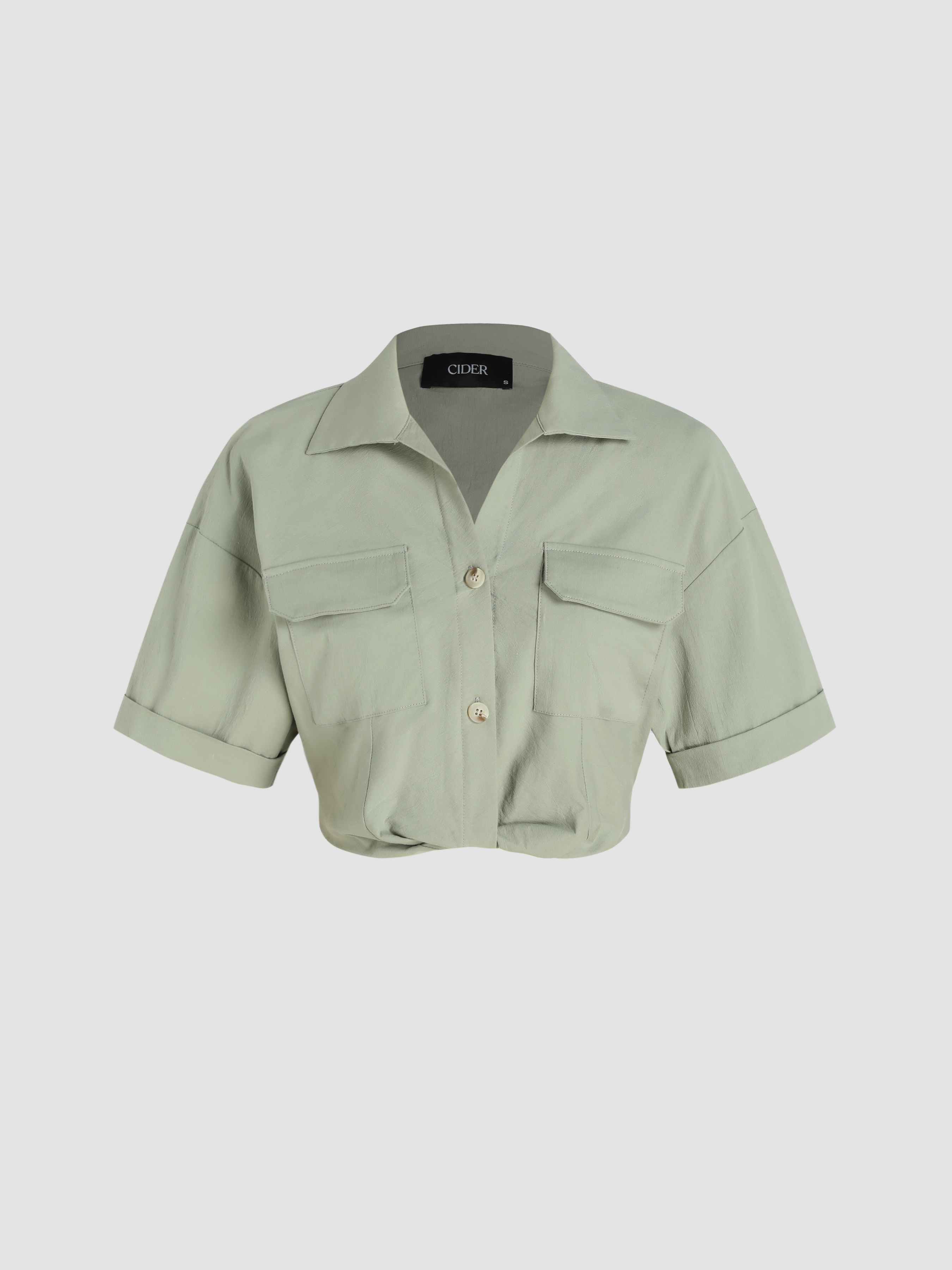 Solid Collar Button Up Crop Blouse - Cider