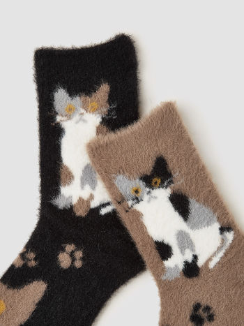 2 Pairs Cat Fluffy Crew Socks Set For School