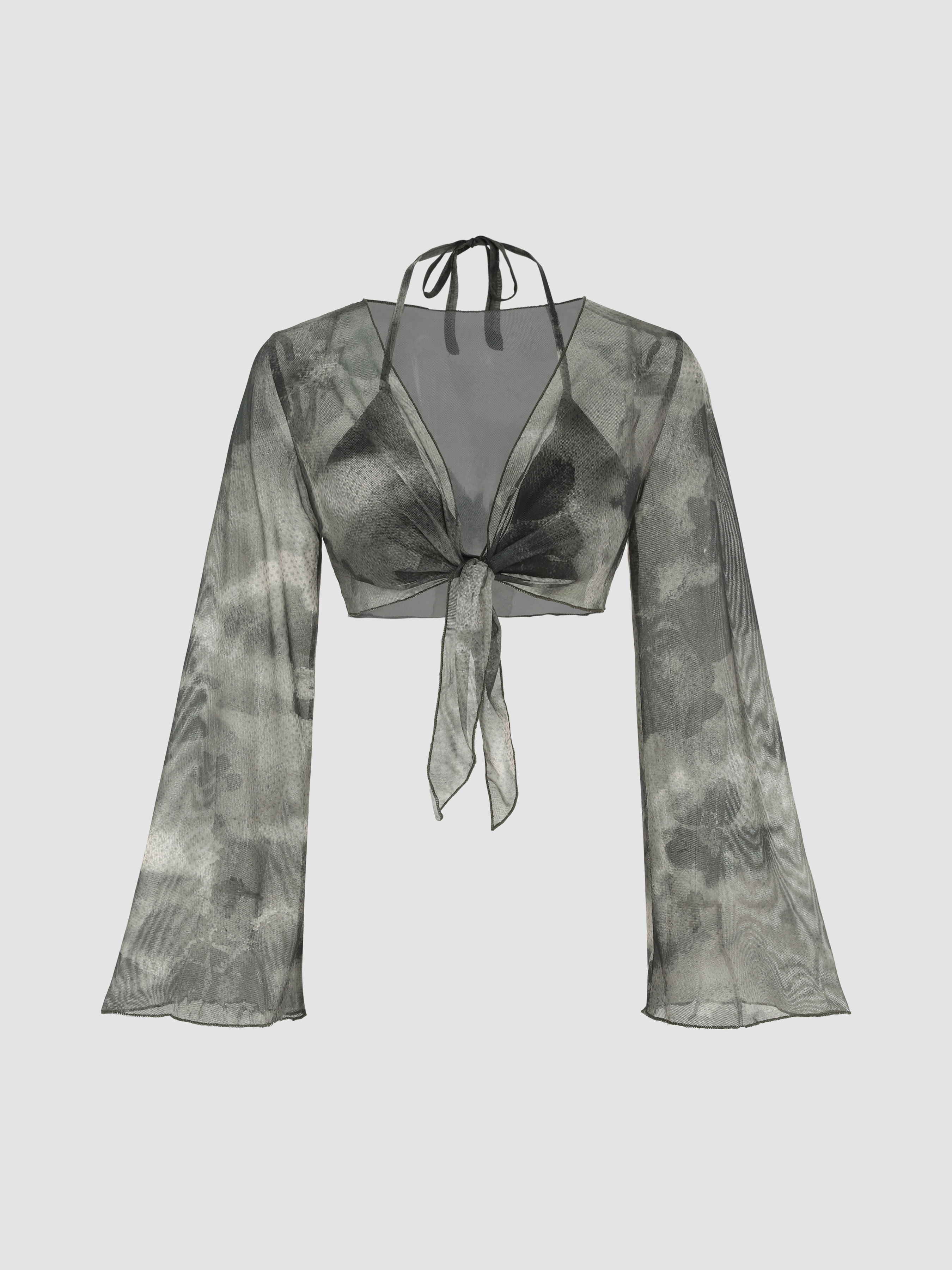 Mesh Knotted Halter Crop Top For Music Festival/Live House Party/Clubbing