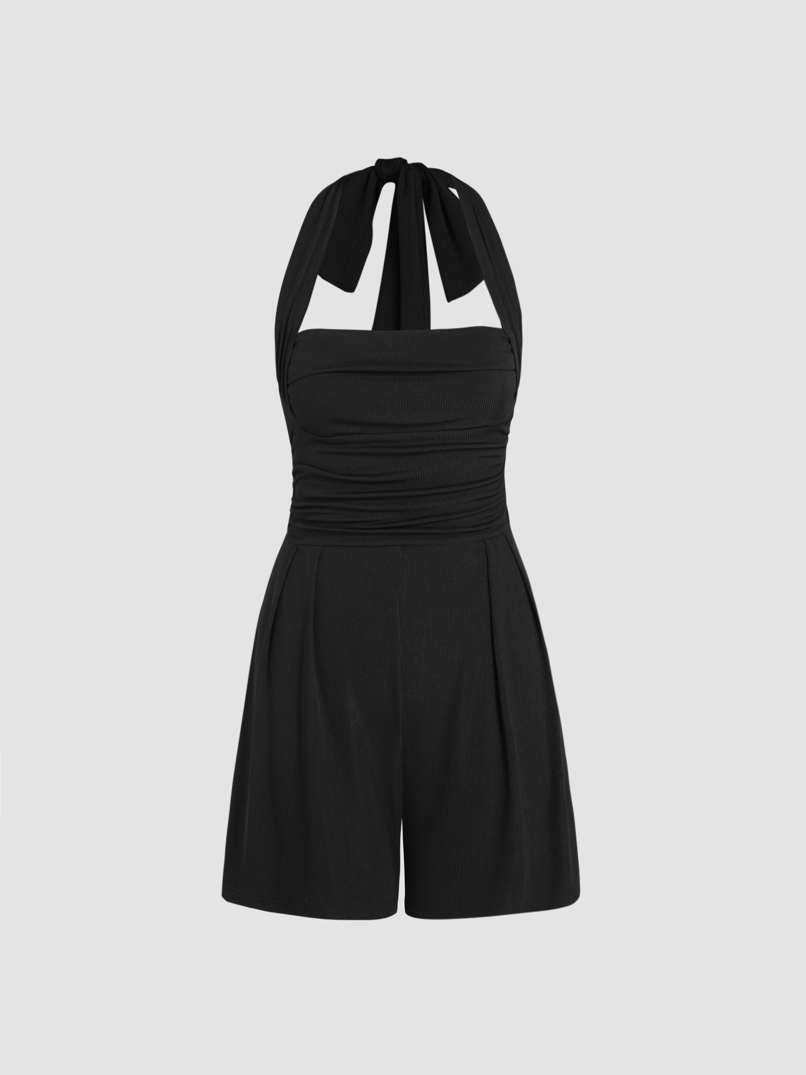Knit Fabric Solid Halter Ruched Playsuit For Daily Casual