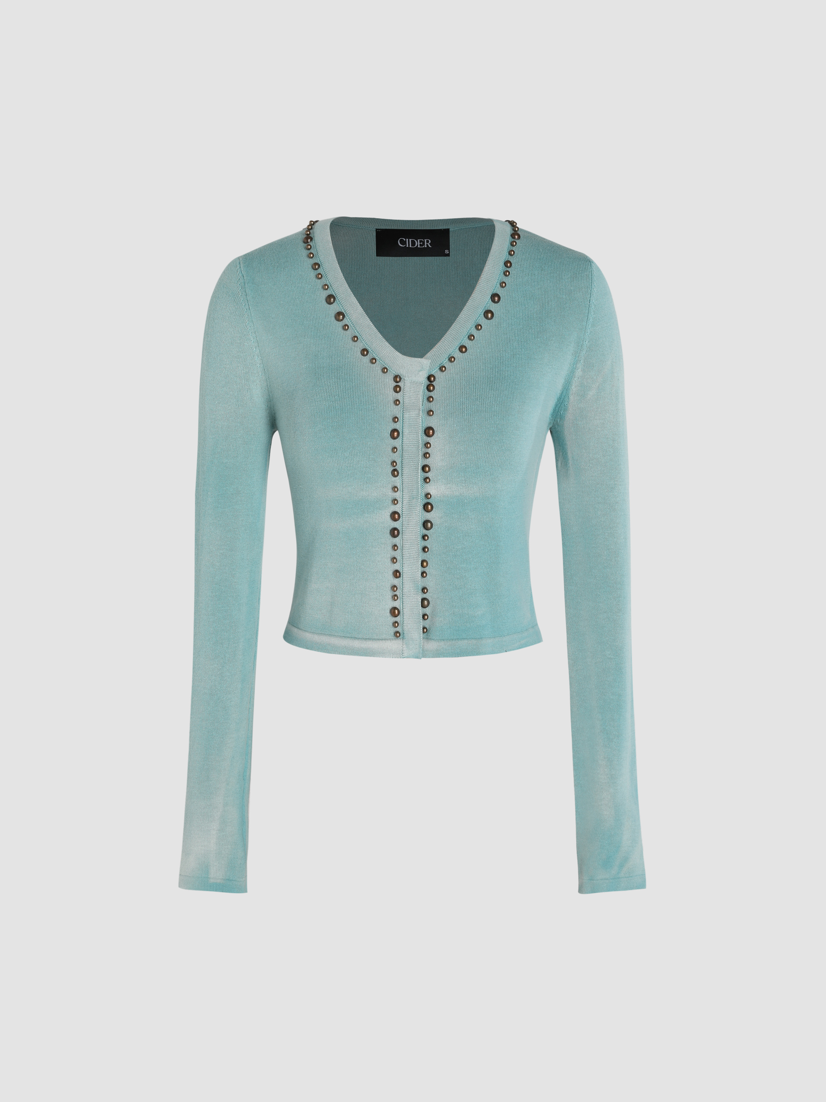 Solid V-neck Beaded Knit Cardigan - Cider