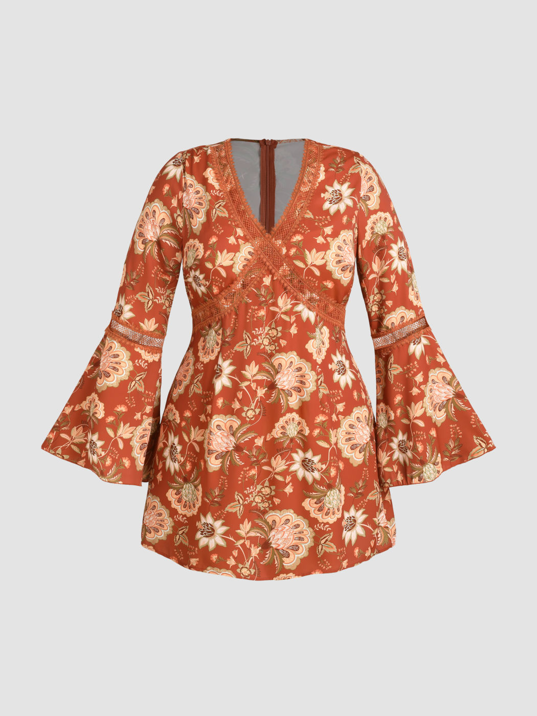 Woven Floral V Neck Bell Sleeve Mini Dress Curve And Plus For Holiday