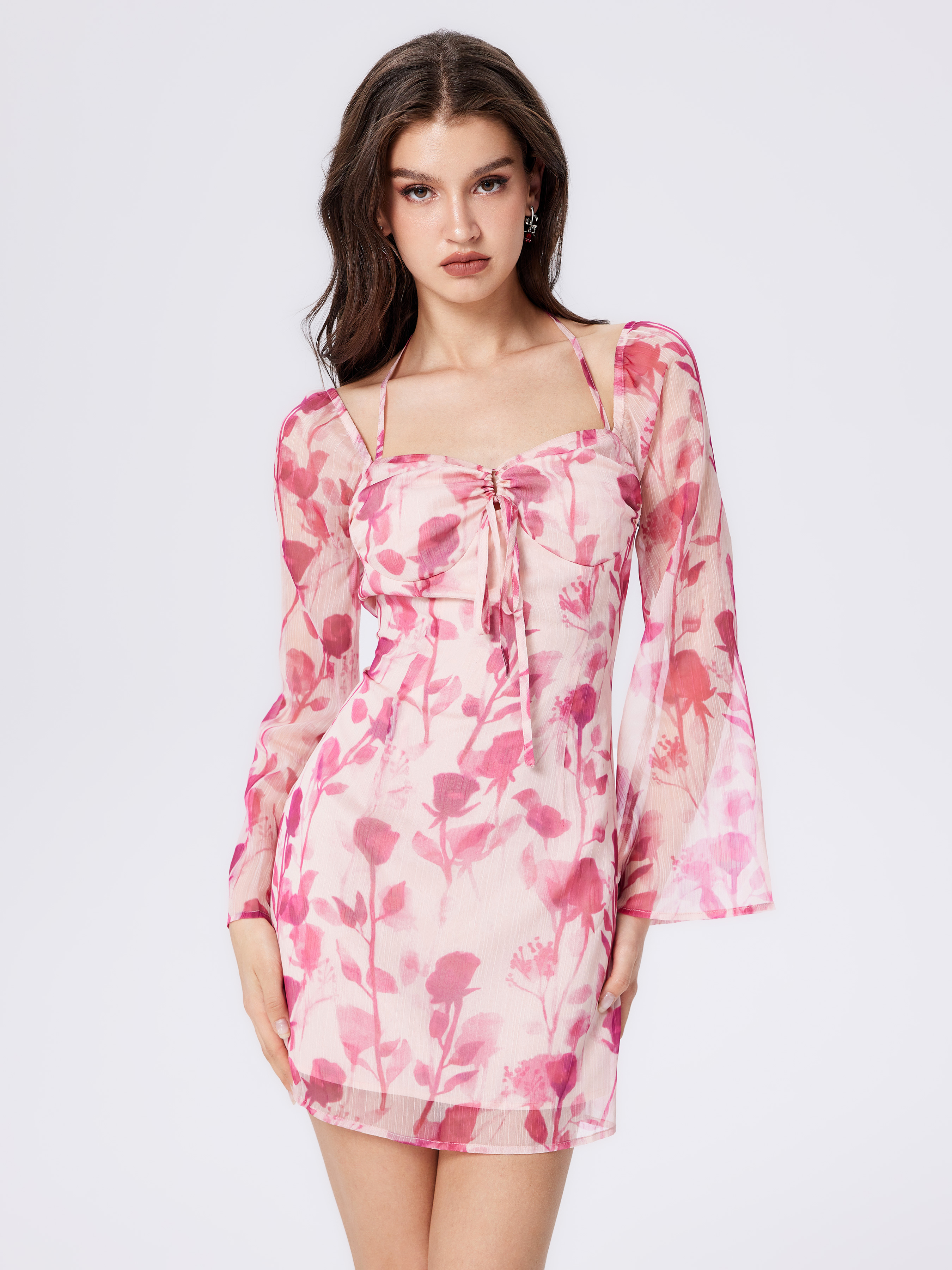 Chiffon Sweetheart Floral Mini Dress - Cider