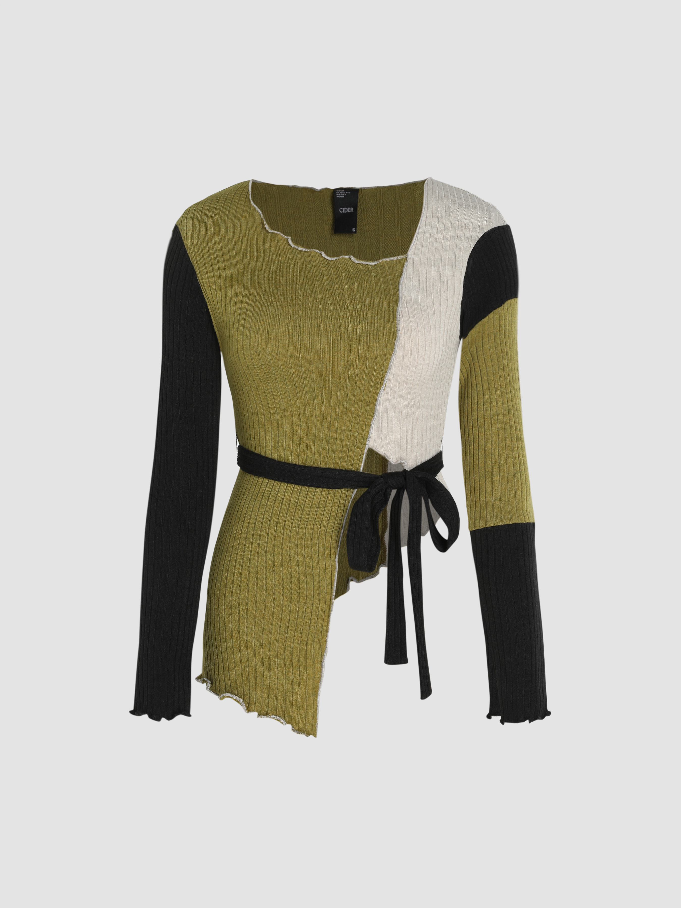 Asymmetrical Patchy Knotted Long Sleeve Tee - Cider