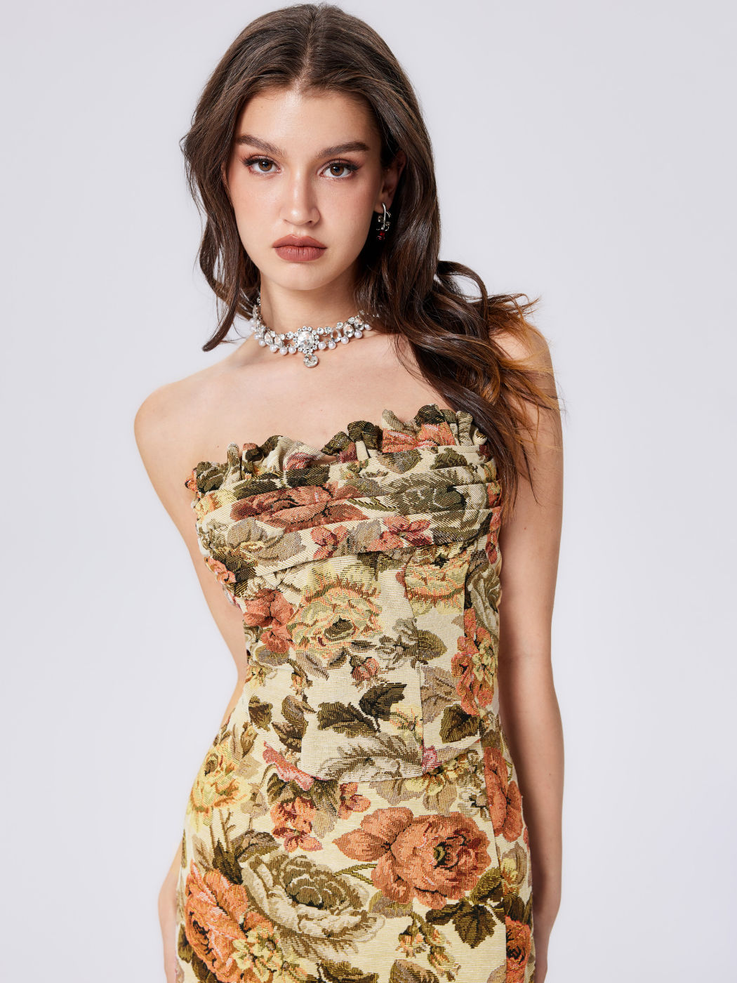 Coquette Jacquard Floral Strapless Crop Top For Daily Casual