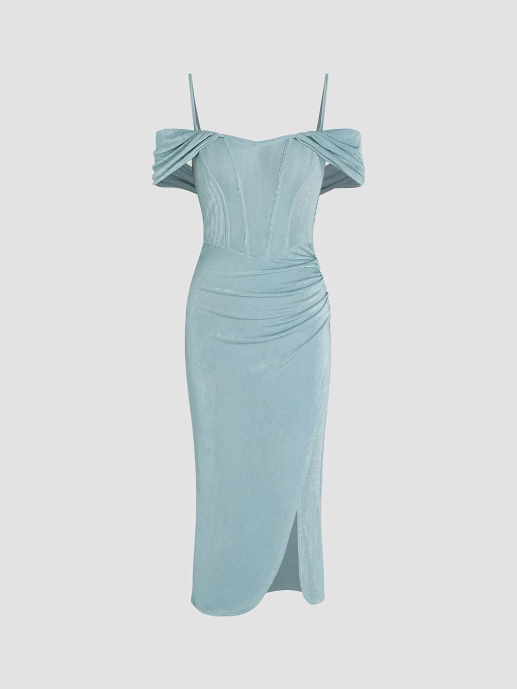 Solid Off-shoulder Corset Split Midi Dress - Cider