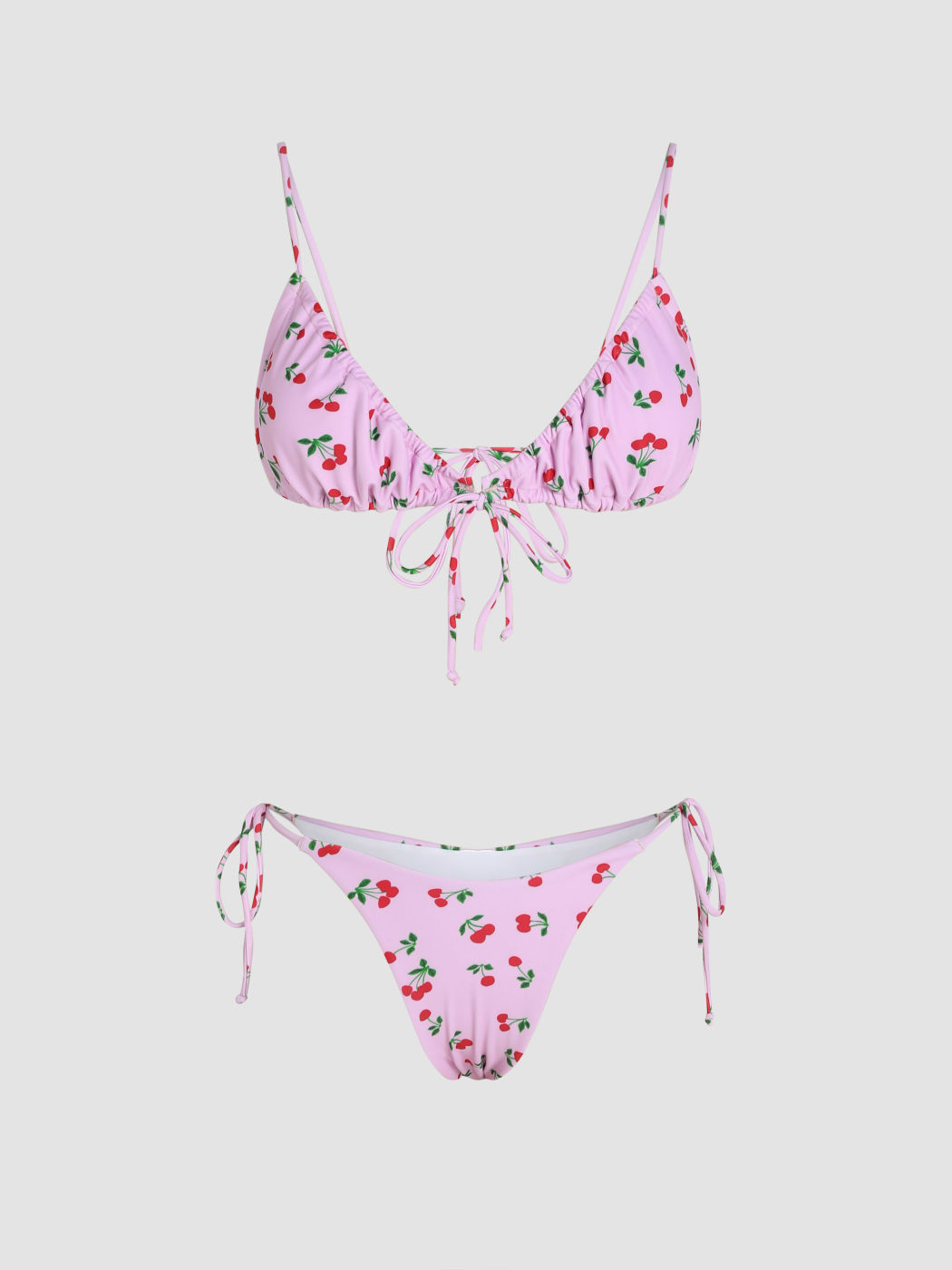 Knit Fabric Cherry Front Tied Bikini Swimsuit For Vacation Swimming