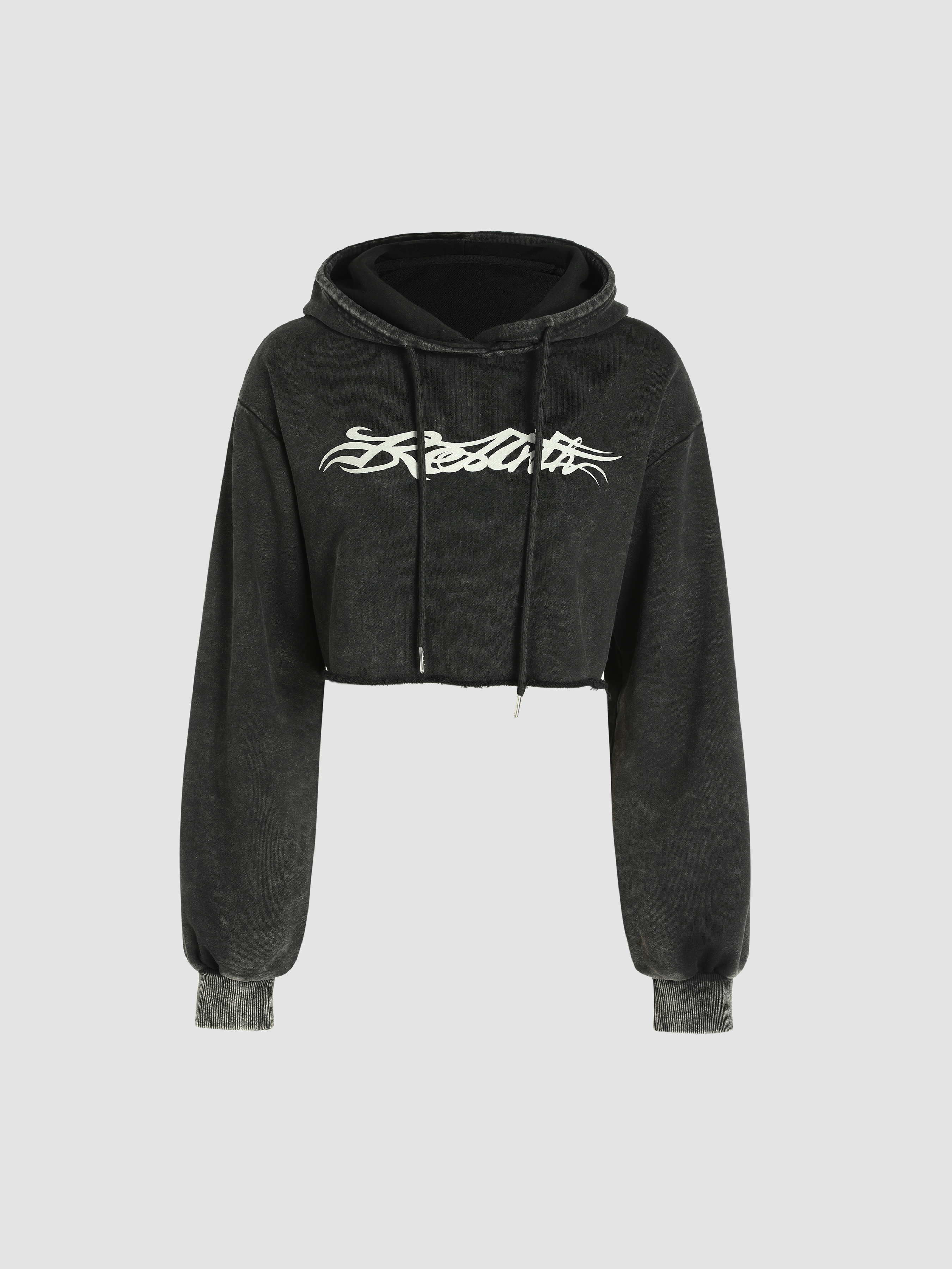 Terry Graphic Long Sleeve Crop Hoodie For School Daily Casual