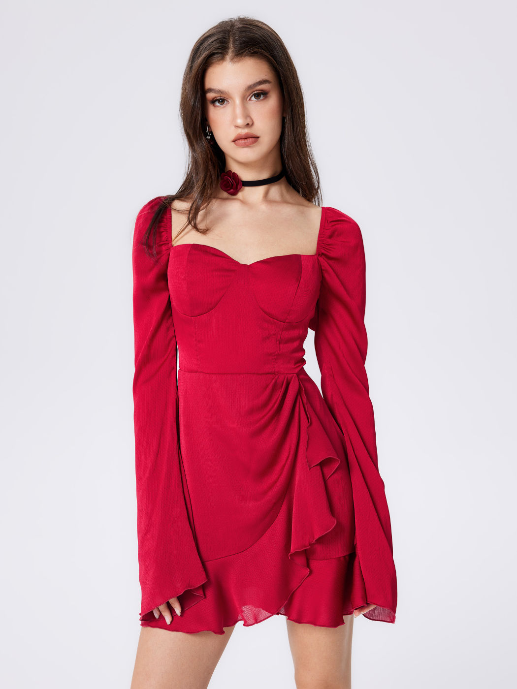 Satin Satin Solid Sweetheart Ruffle Mini Dress For Date