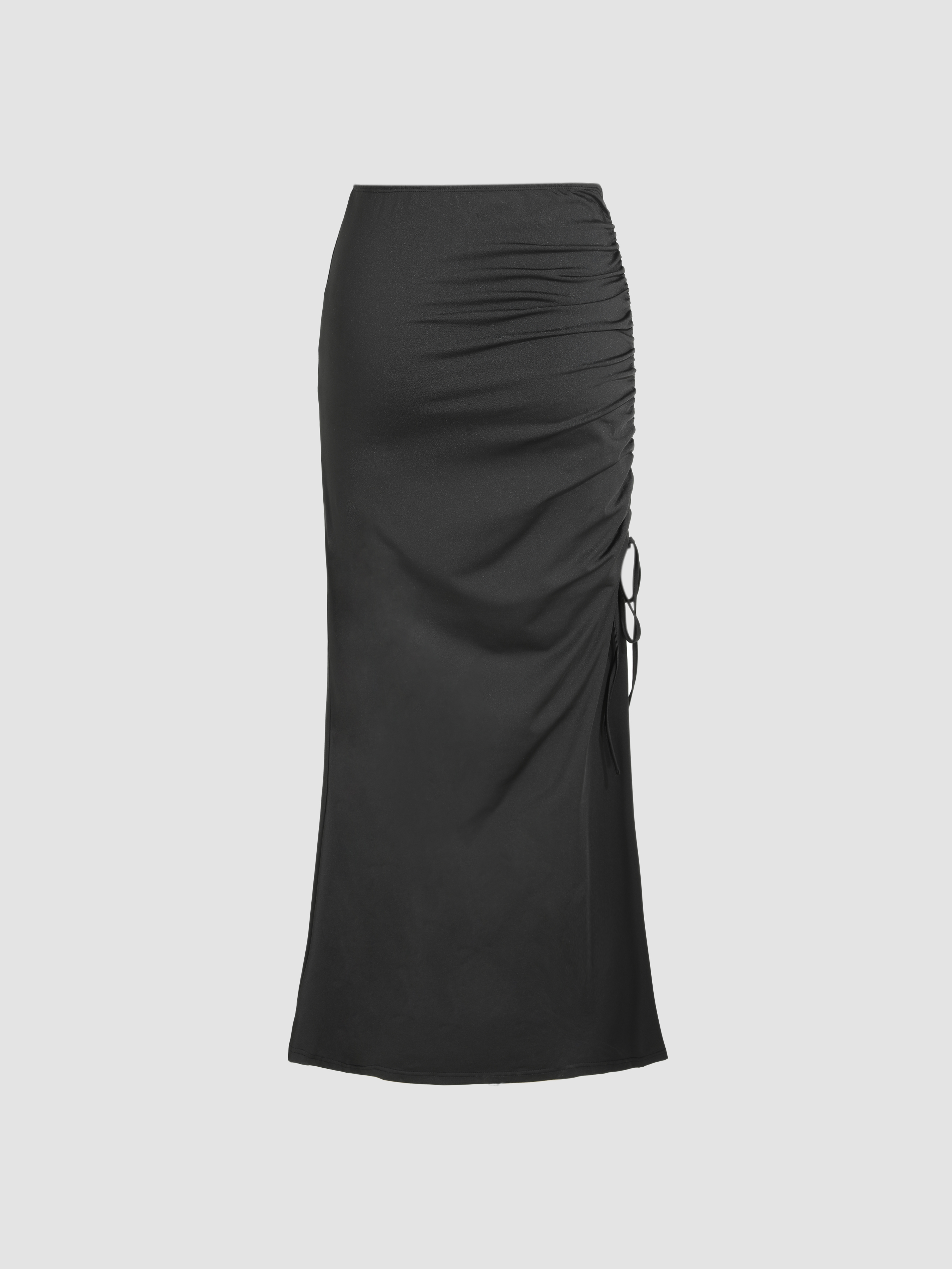 Solid Drawstring High Waist Split Maxi Skirt - Cider