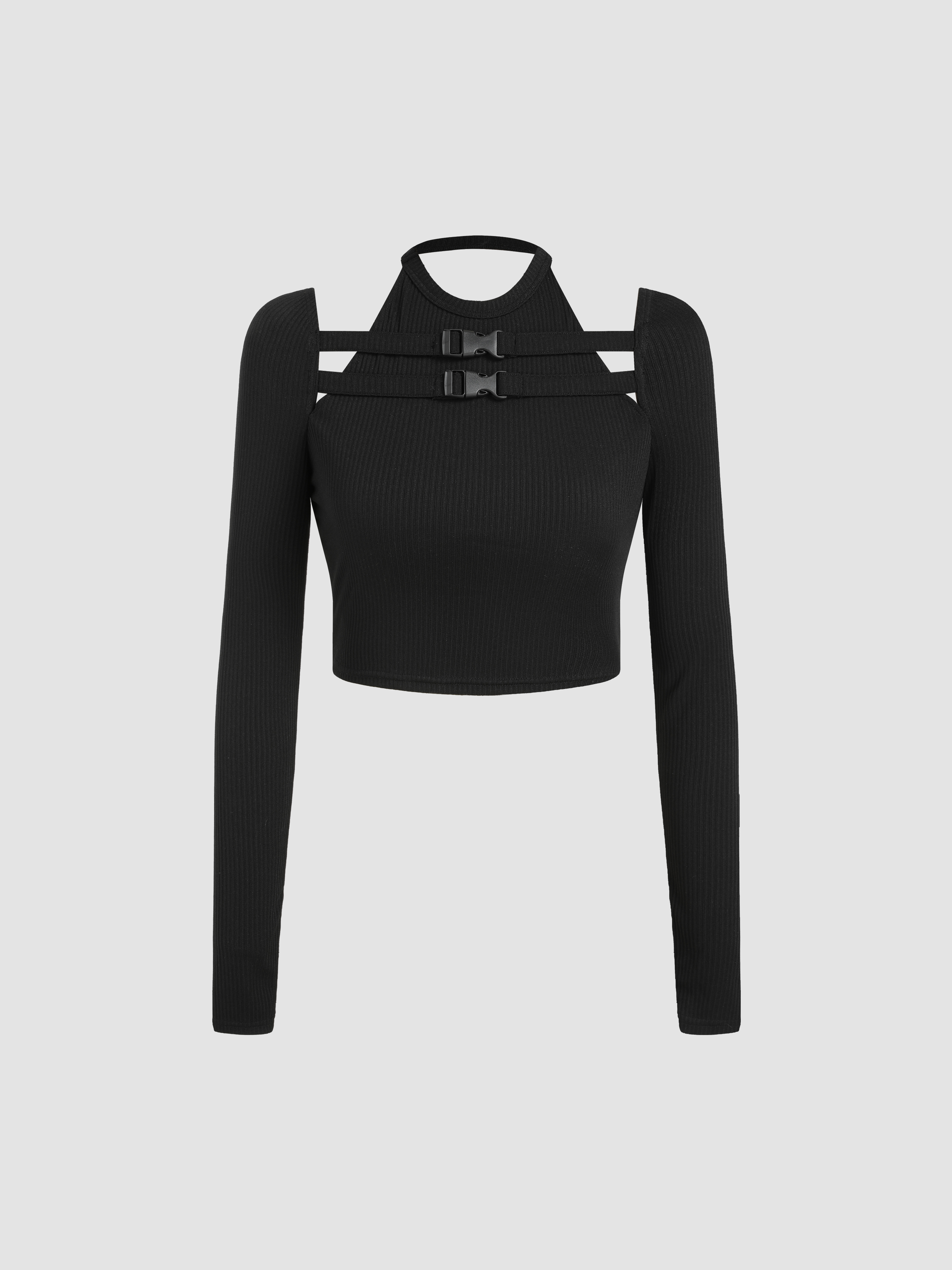 Knit Fabric Solid Halter Buckle Up Crop Top For Coffee Shop