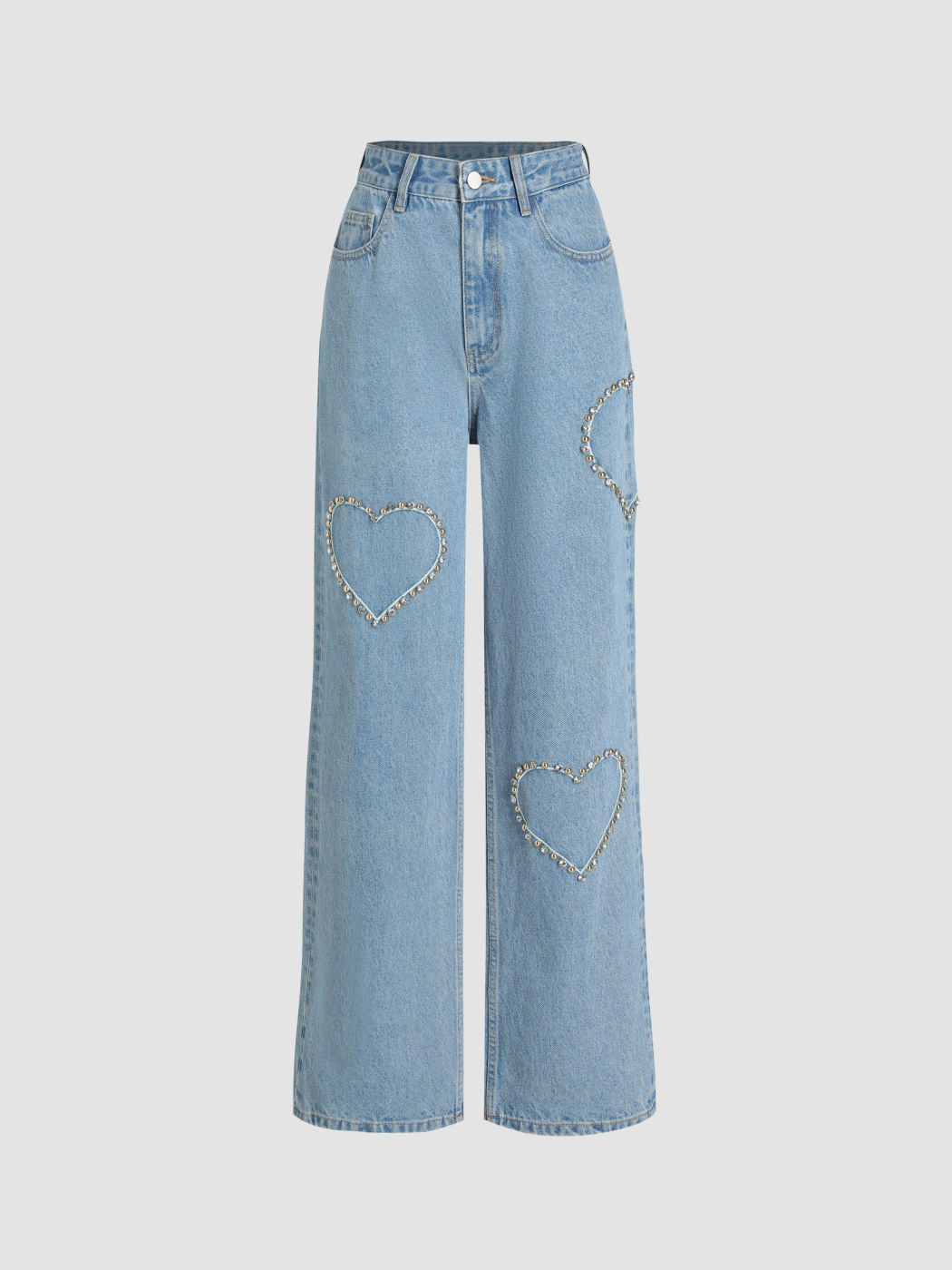 Denim Heart Rhinestone Wide Leg Jeans For School Daily Casual