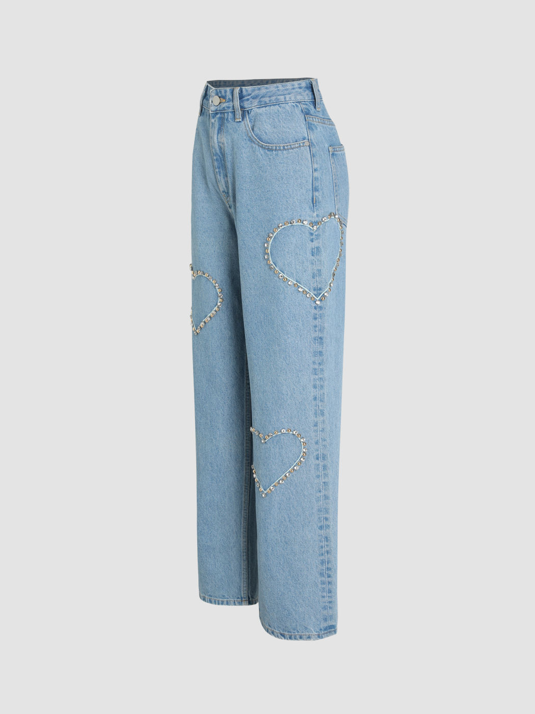 Denim Heart Rhinestone Wide Leg Jeans For School Daily Casual