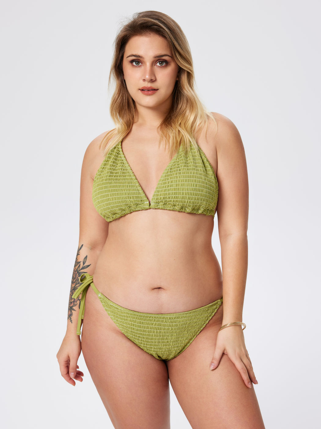 Solid Smocked Triangle Bikini Set Curve & Plus For Vacation