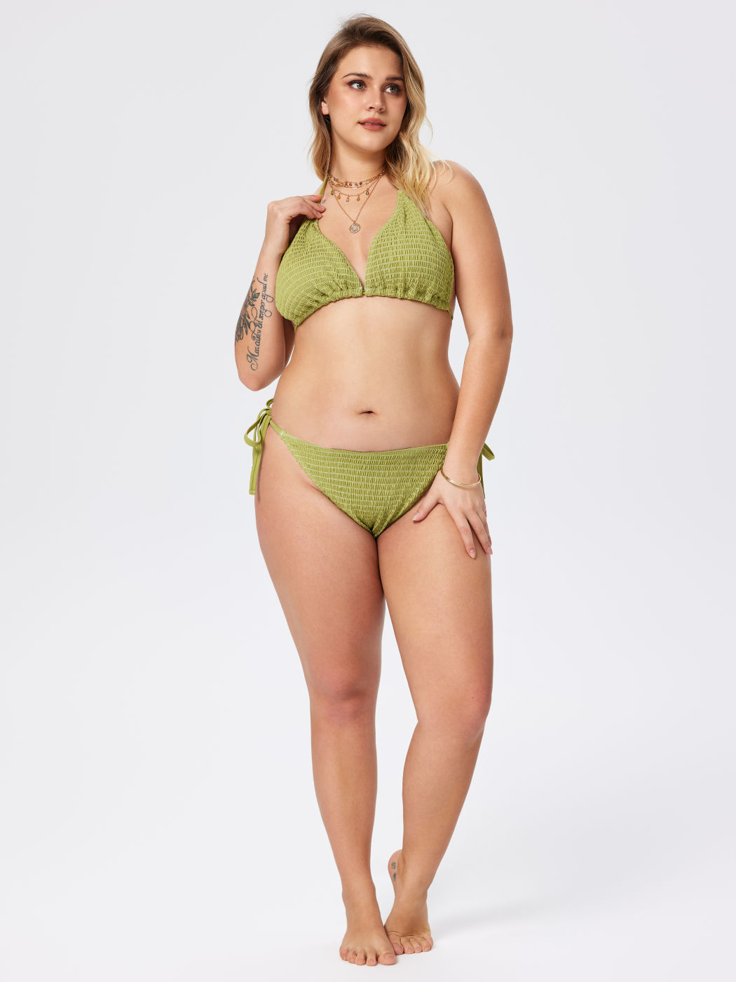 Solid Smocked Triangle Bikini Set Curve & Plus For Vacation