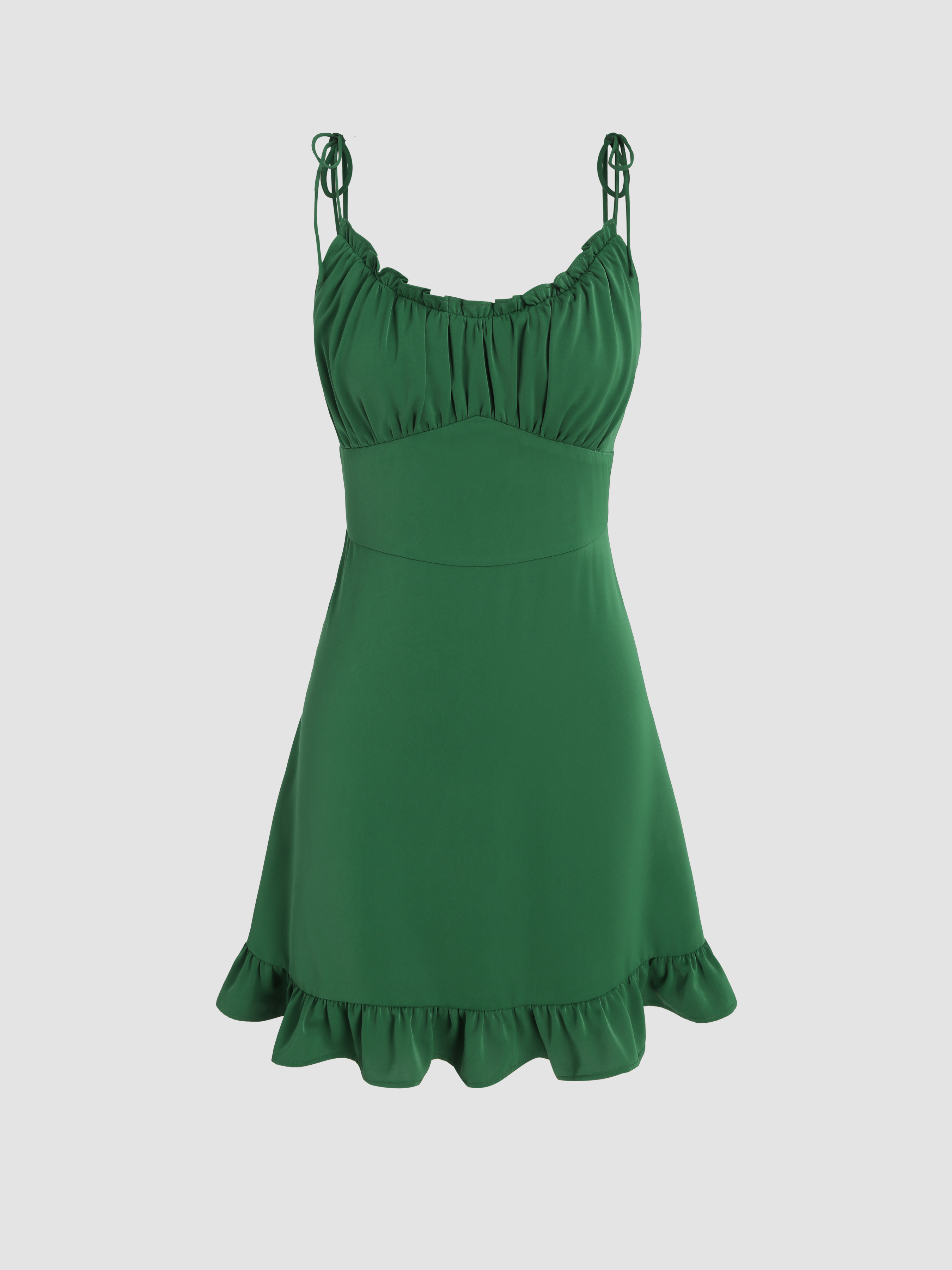 Woven Ruffle Hem Ruched Knotted Mini Dress For Daily Casual Date