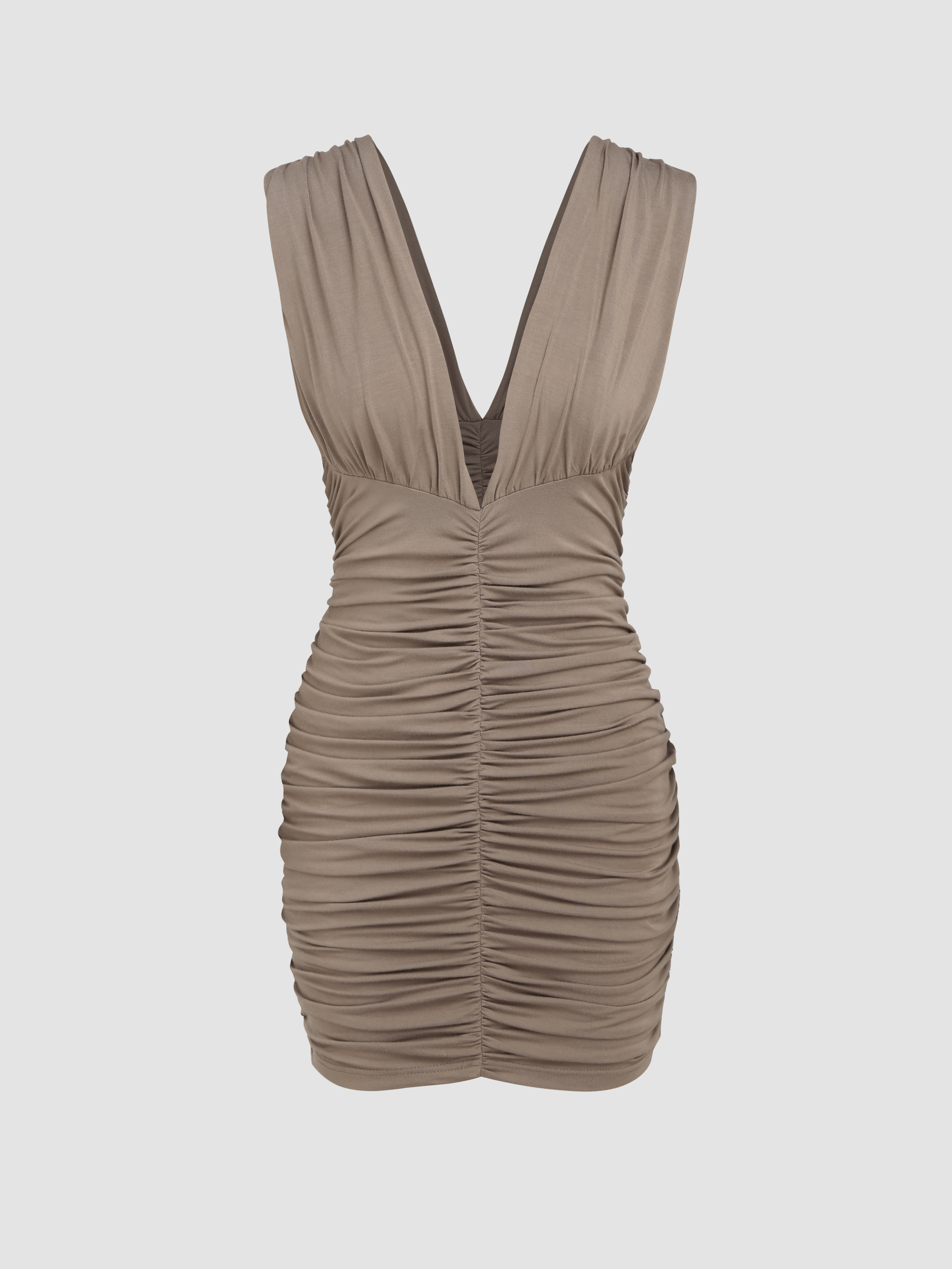 Solid Ruched Deep V Mini Dress For Party/Clubbing