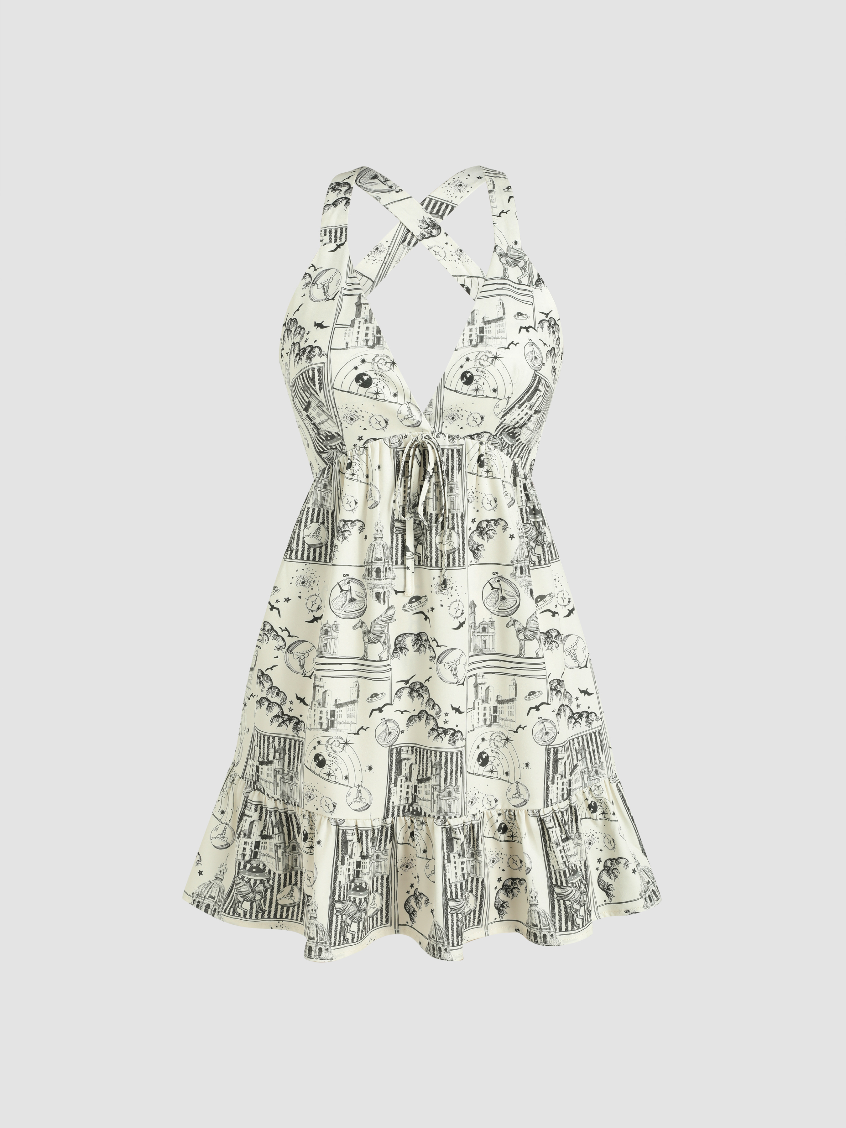 Sun Dresses Woven Medieval Graphic Ruffle Hem Backless Short Dress For ...