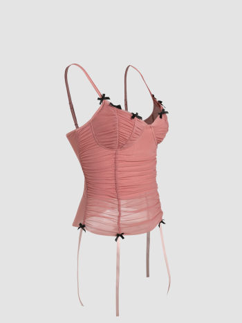 Mesh Bowknot Sweetheart Ruched Cami Blouse For Music Festival/Live ...