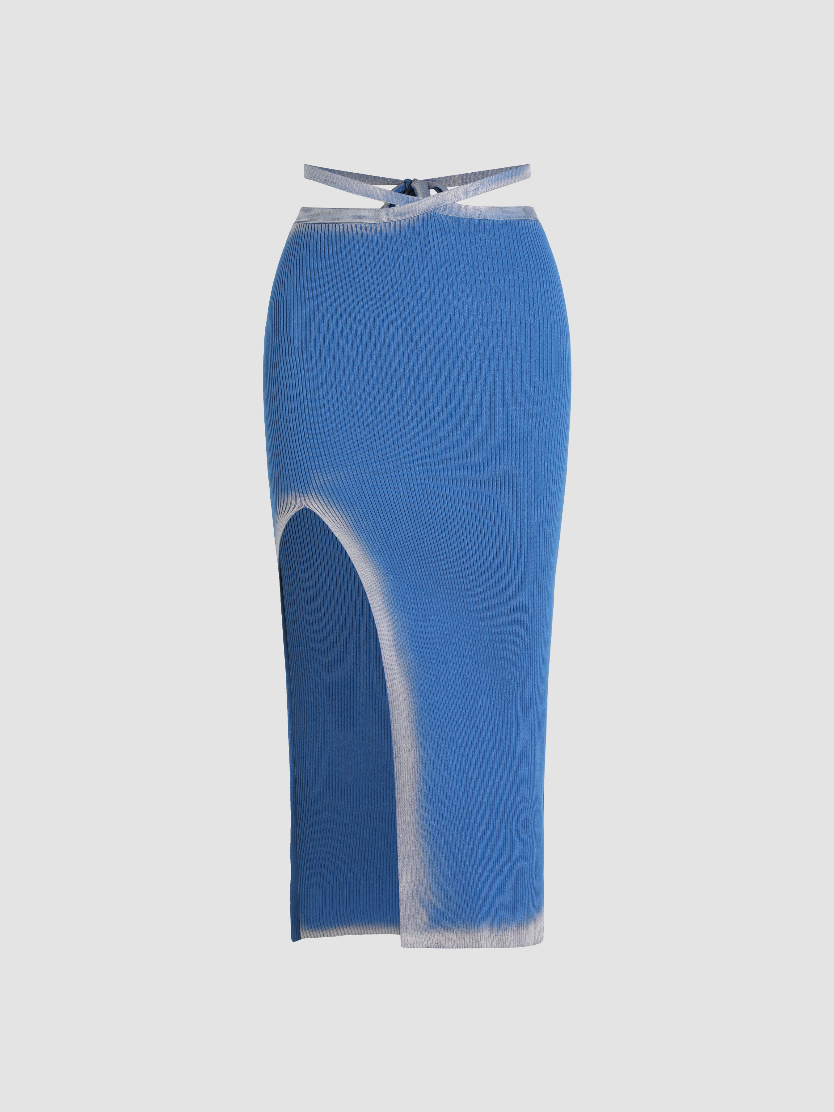 Knit Fabric Contrasting Waist Tie Back Split Knitted Long Skirt For Holiday