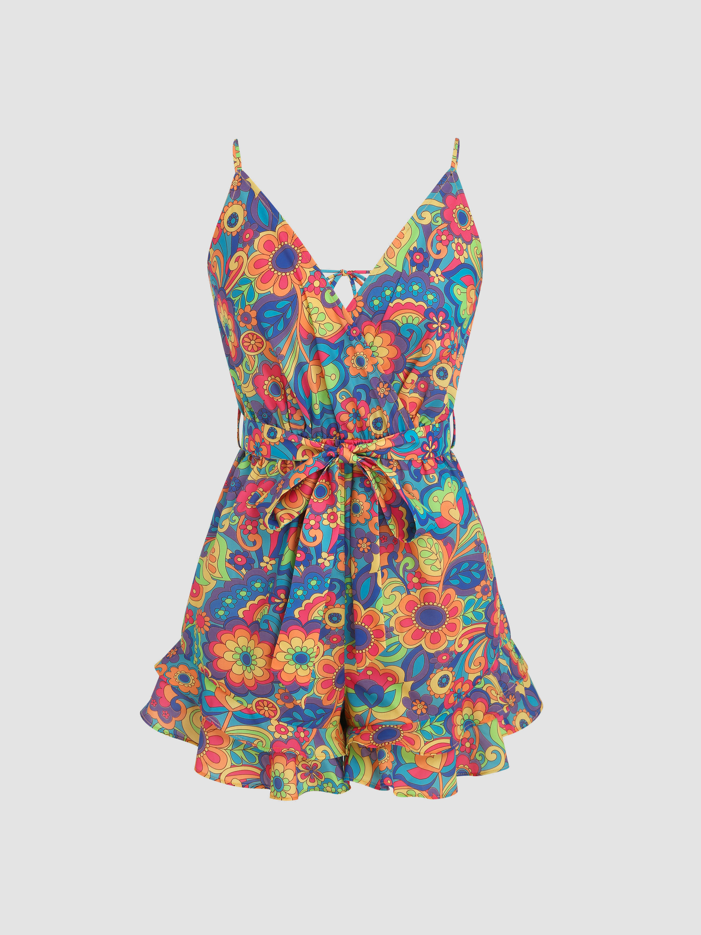 Woven Floral Print Ruffle Hem Tie Back Cami Romper For Vacation