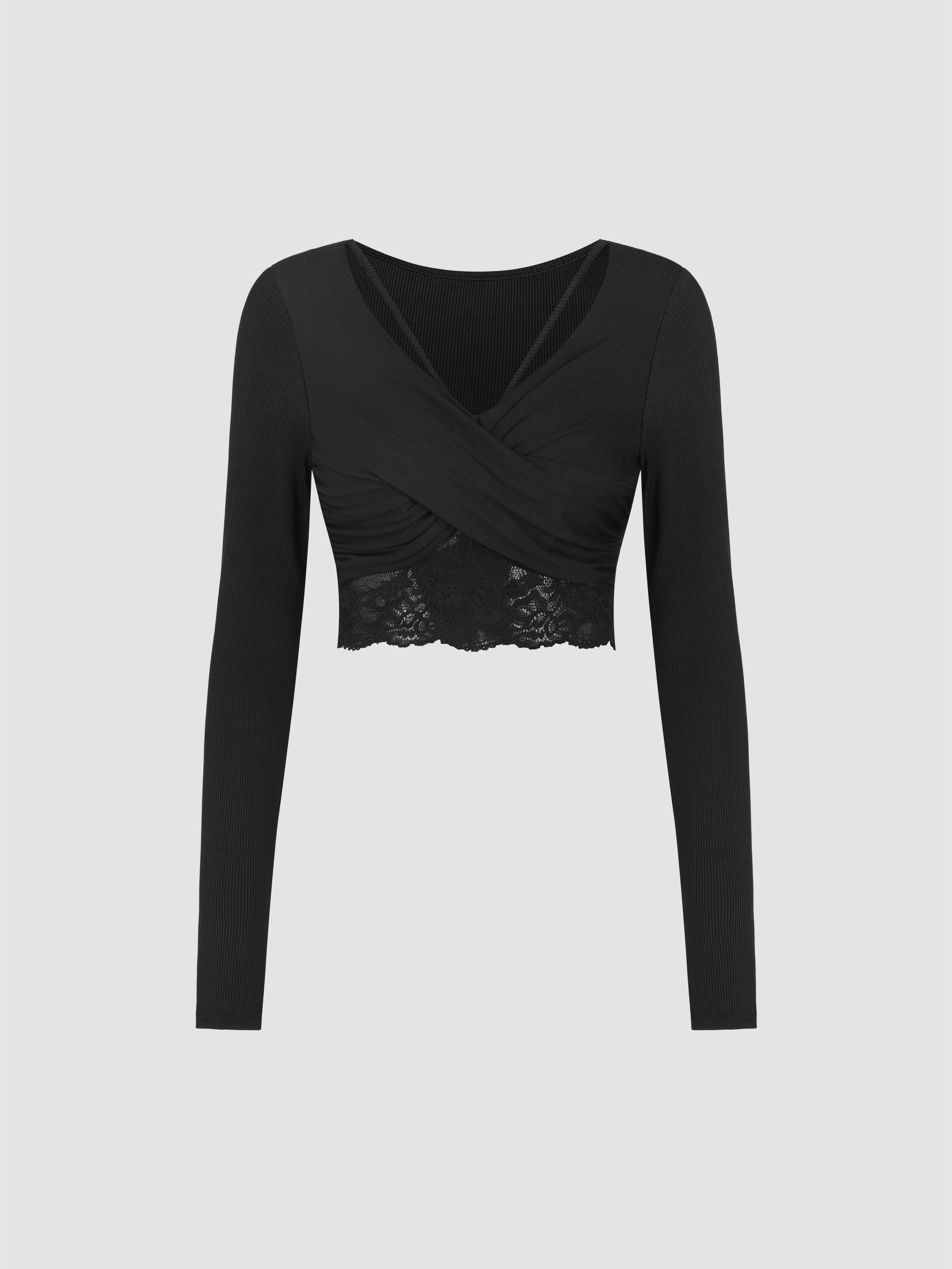 Knit Fabric Solid Cross Wrap Lace Crop Top For Daily Casual