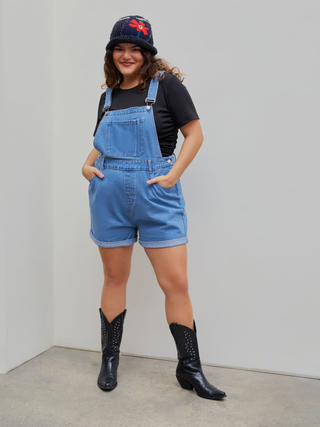 Curve & Plus Pocket Buckle Up Denim Romper - Cider