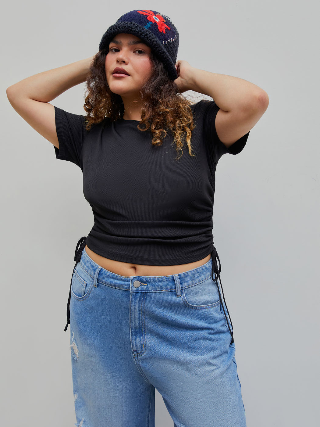 Round Neckline Drawstring Crop Top Curve & Plus - Cider