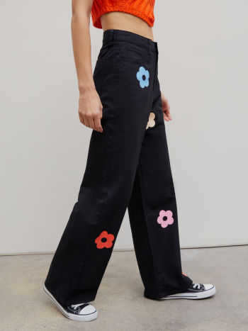 Denim Denim Floral Pattern Wide Leg Jeans For School Vacation Work