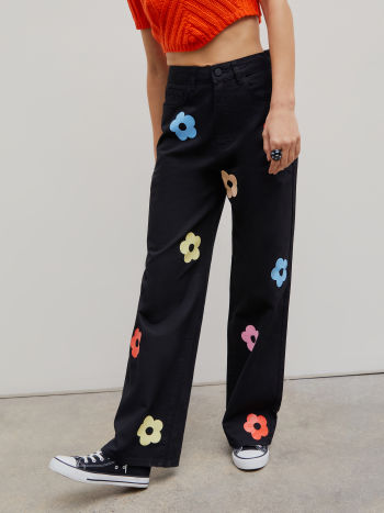 Denim Denim Floral Pattern Wide Leg Jeans For School Vacation Work