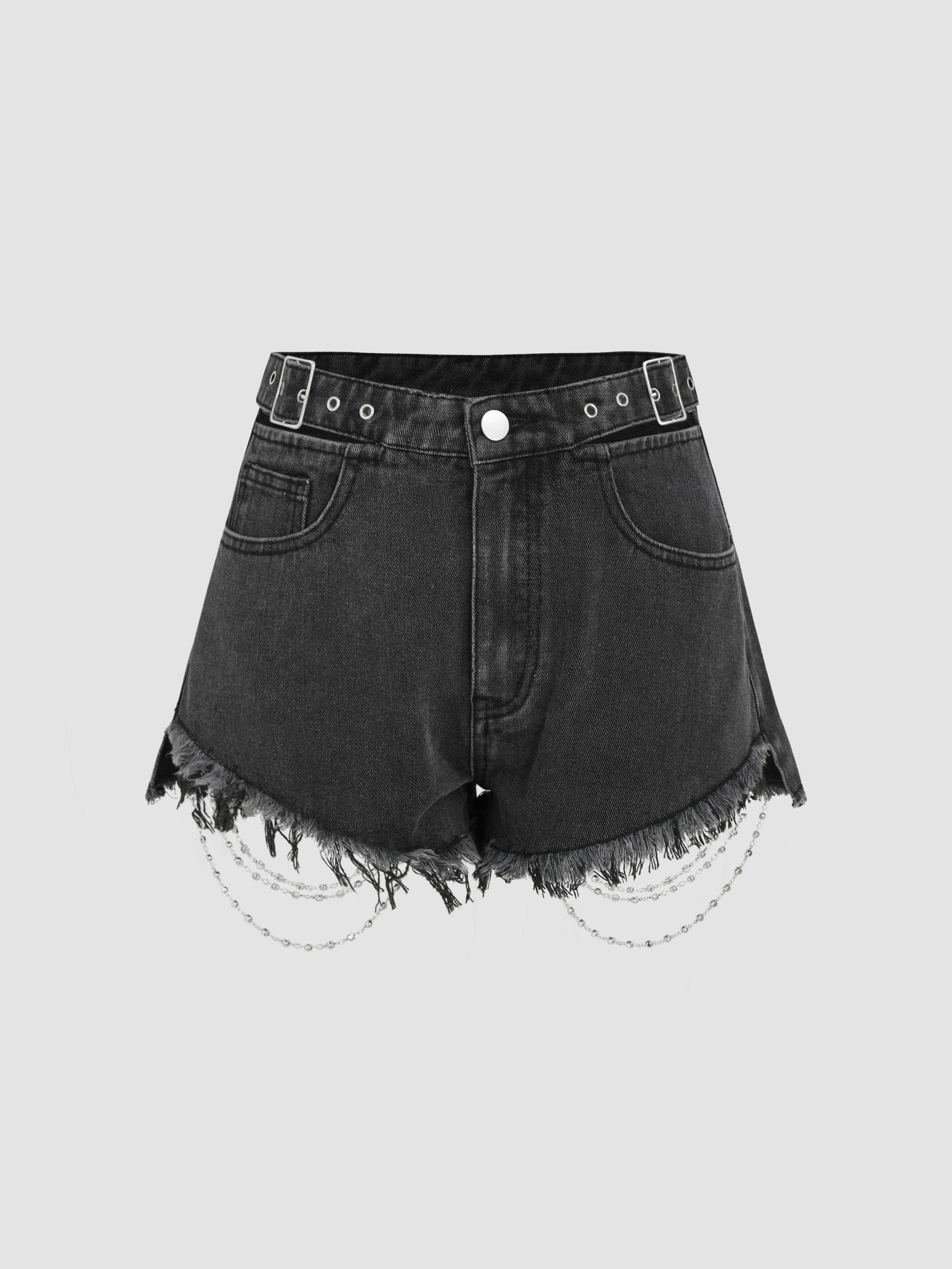 Denim Raw Hem Chain Detail Ultra Shorts For Music Festival/Live House