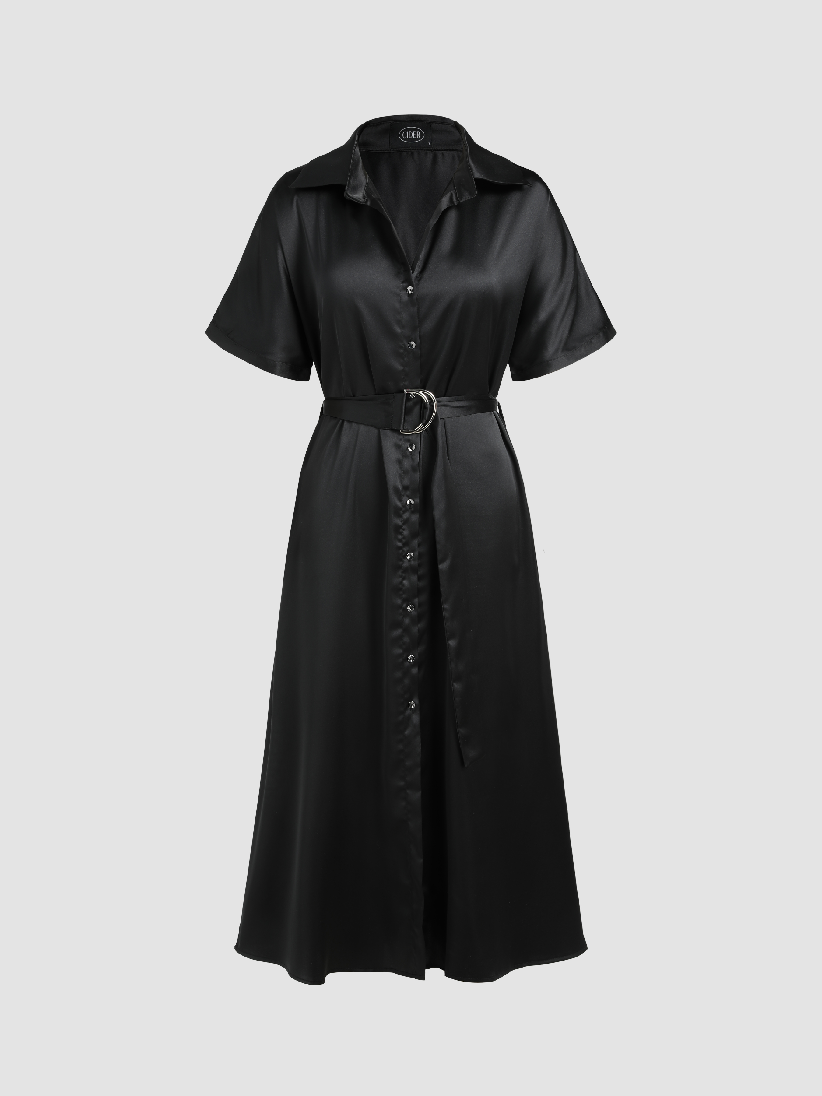 Satin Collar Button Up Belted Midi Dress For Daily Casual