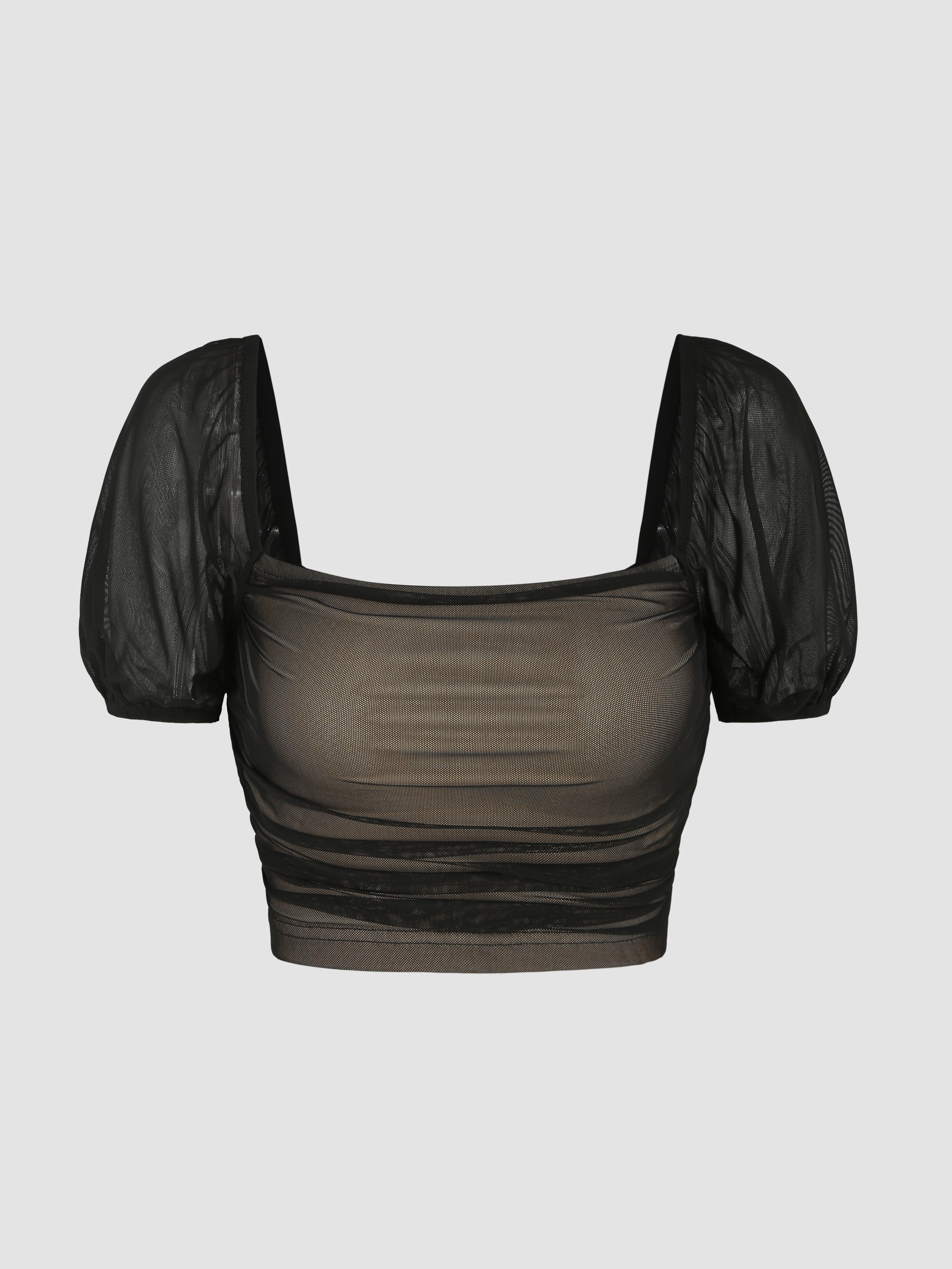 Contrast Mesh Puff Sleeve Ruched Crop Top For Daily Casual Date