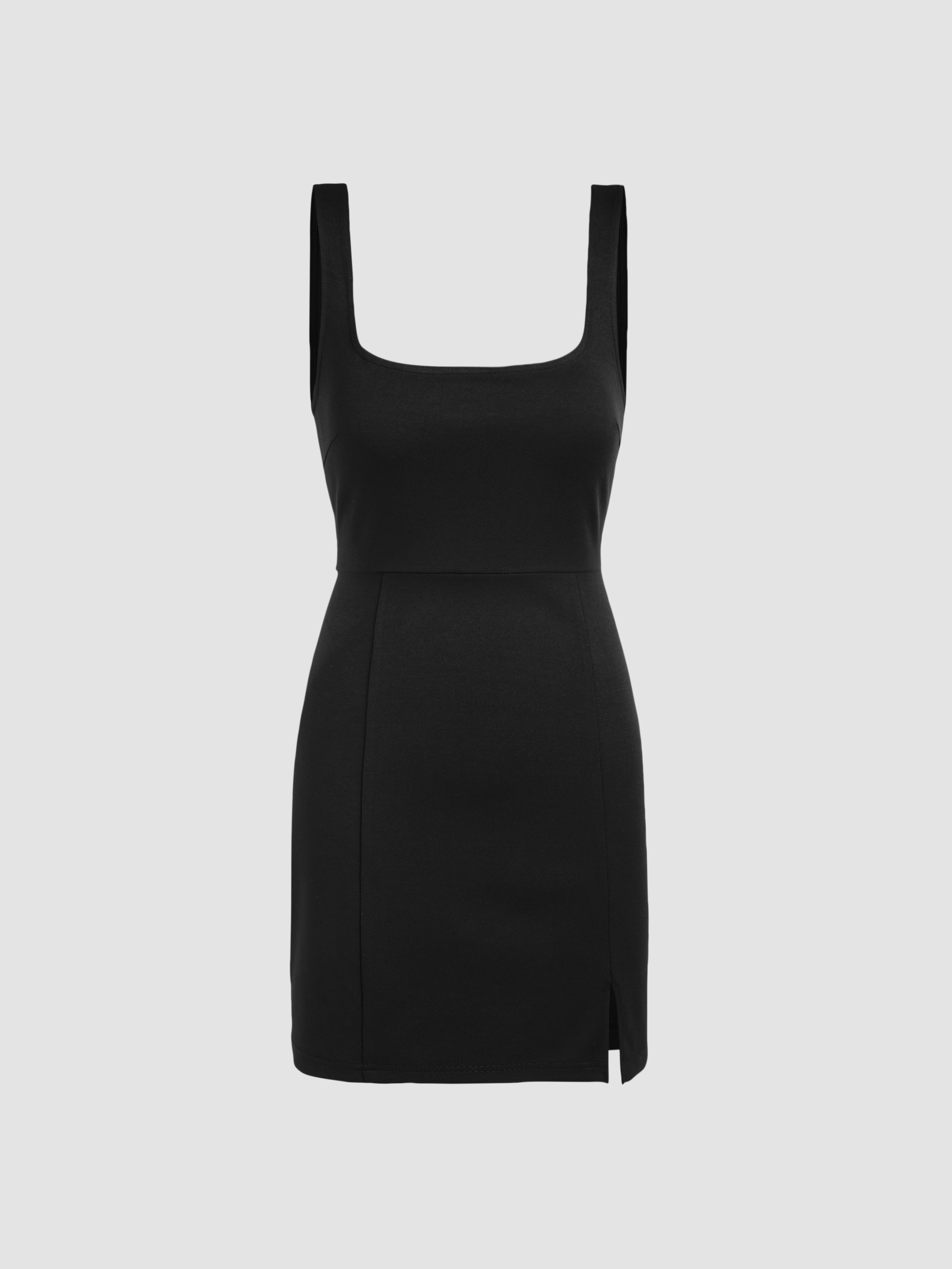 Solid Square Neck Split Mini Dress - Cider