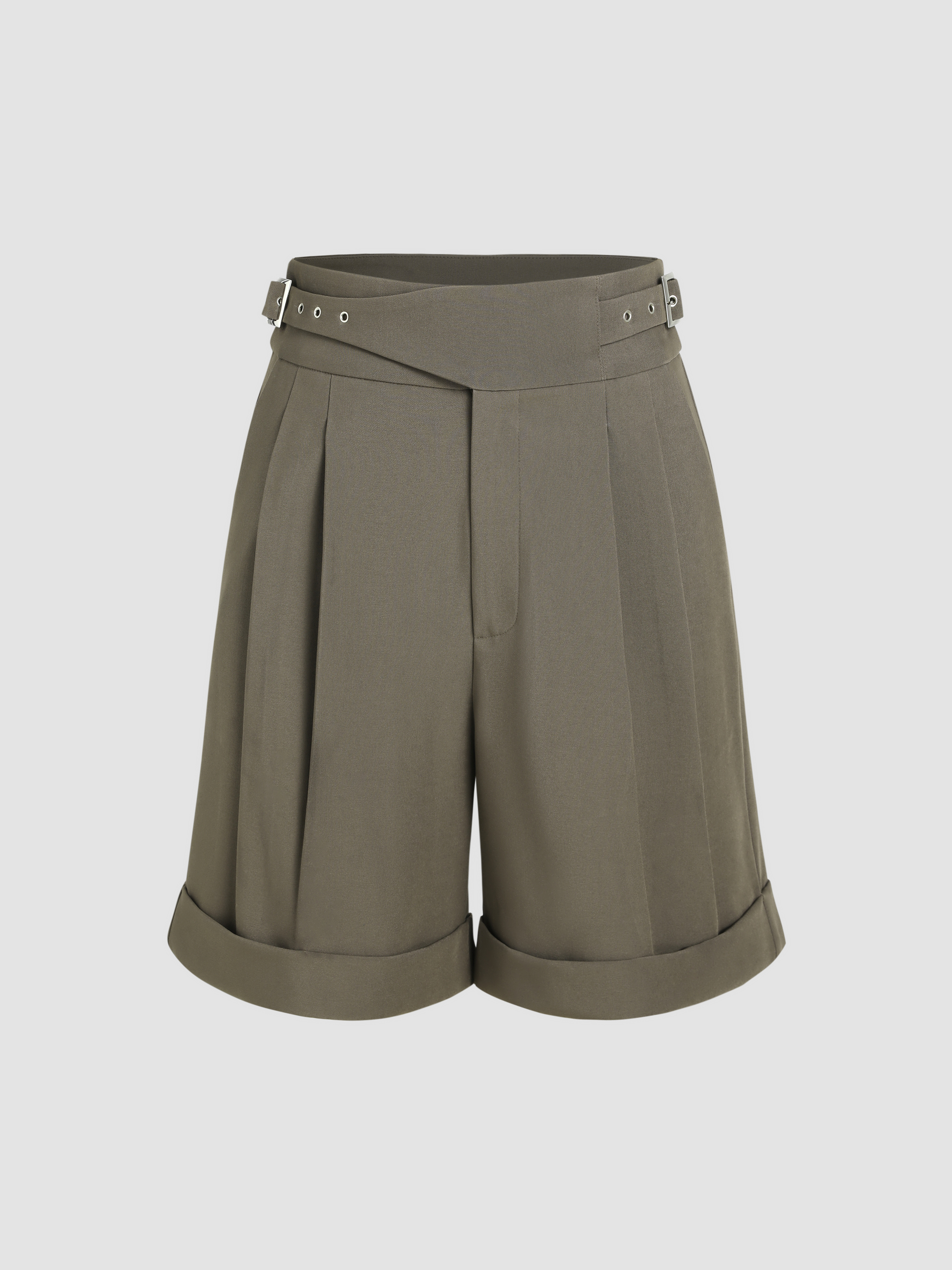 Solid Buckle Pleated Roll Hem Shorts - Cider