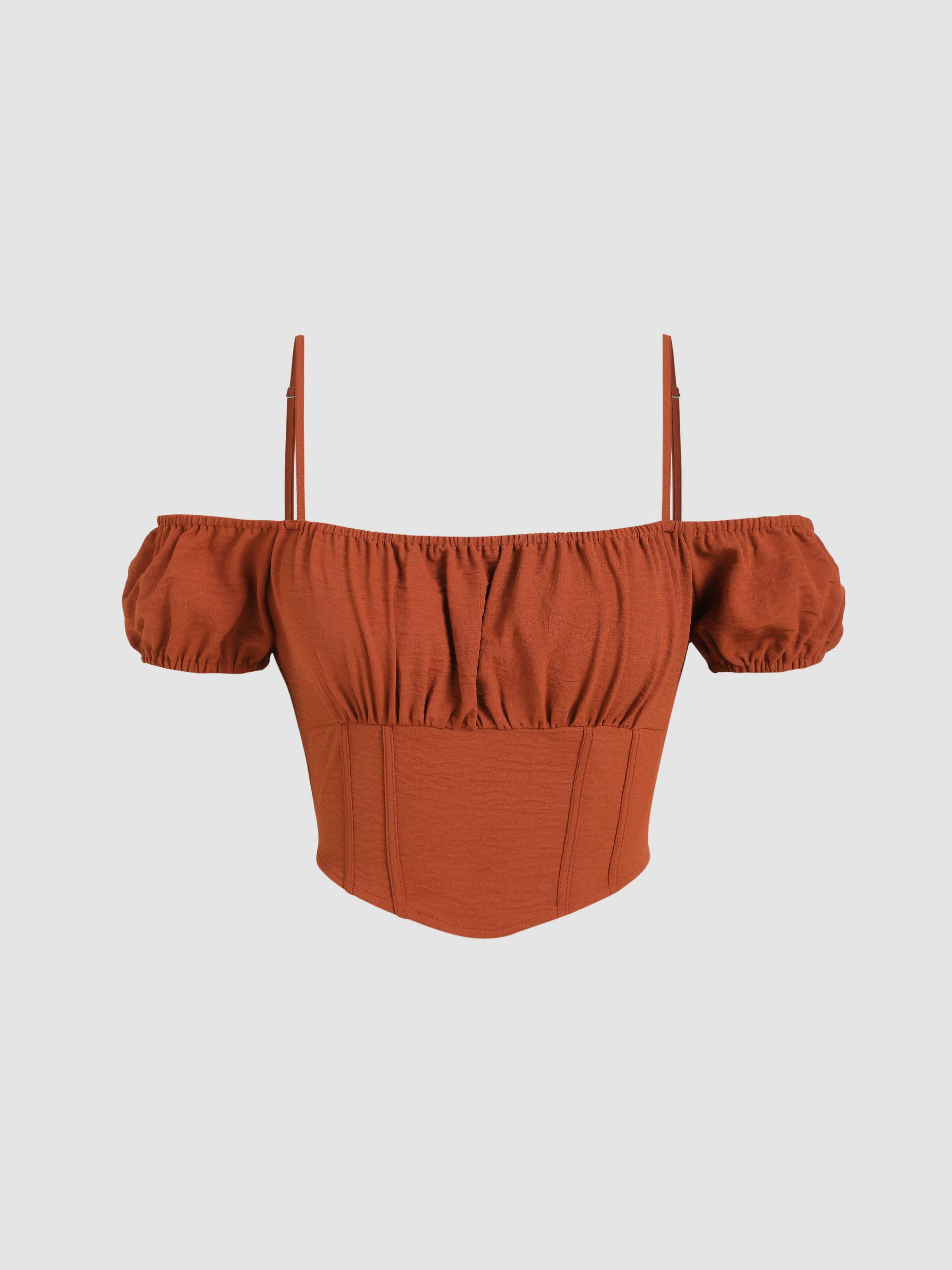 Off Shoulder Puff Sleeve Shirred Corset Crop Top For Daily Casual Date
