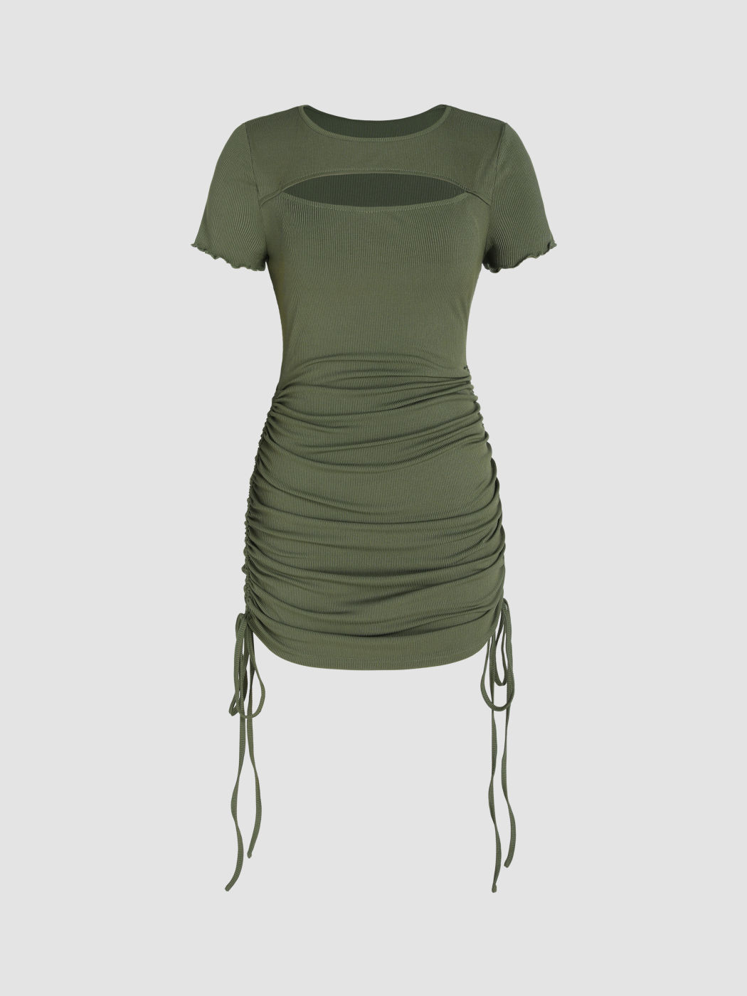 Round Neckline Cut Out Drawstring Ruched Short Dress For Date