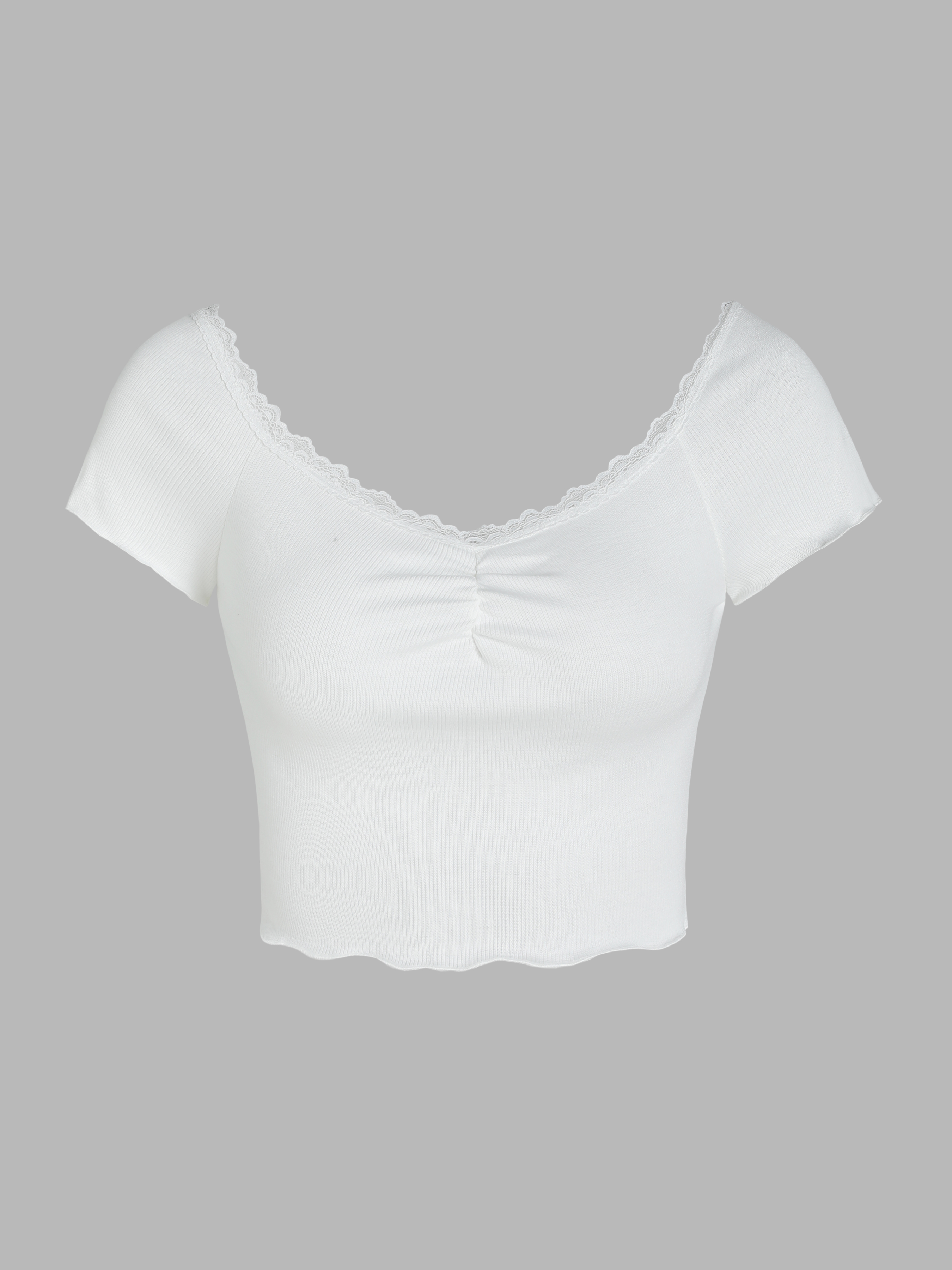 Knit Fabric Solid U-neckline Lace Trim Crop Tee For Coffee Shop