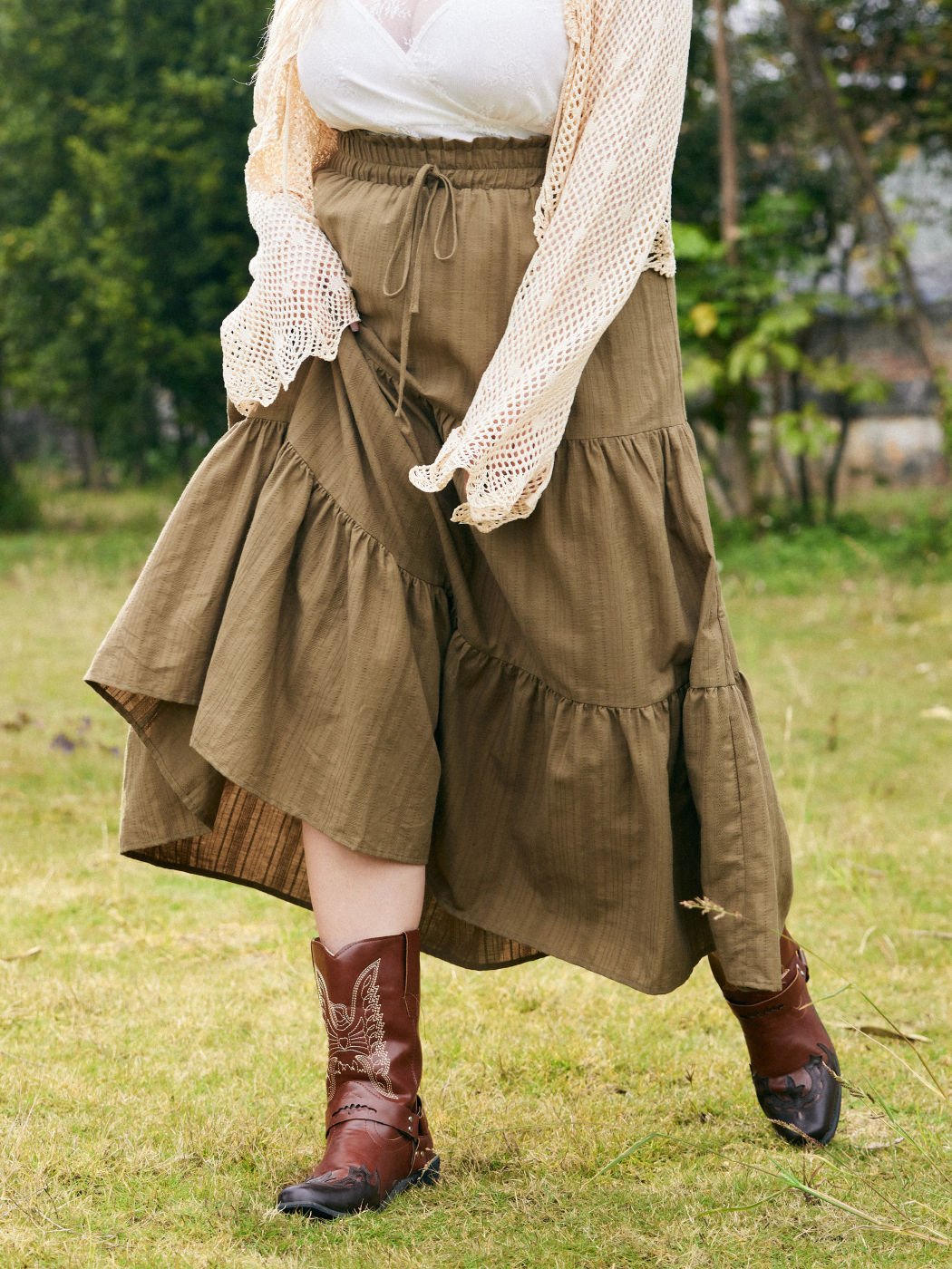 Long Skirts Woven Texture Knotted Ruffle Tiered Midi Skirt Curve & Plus ...